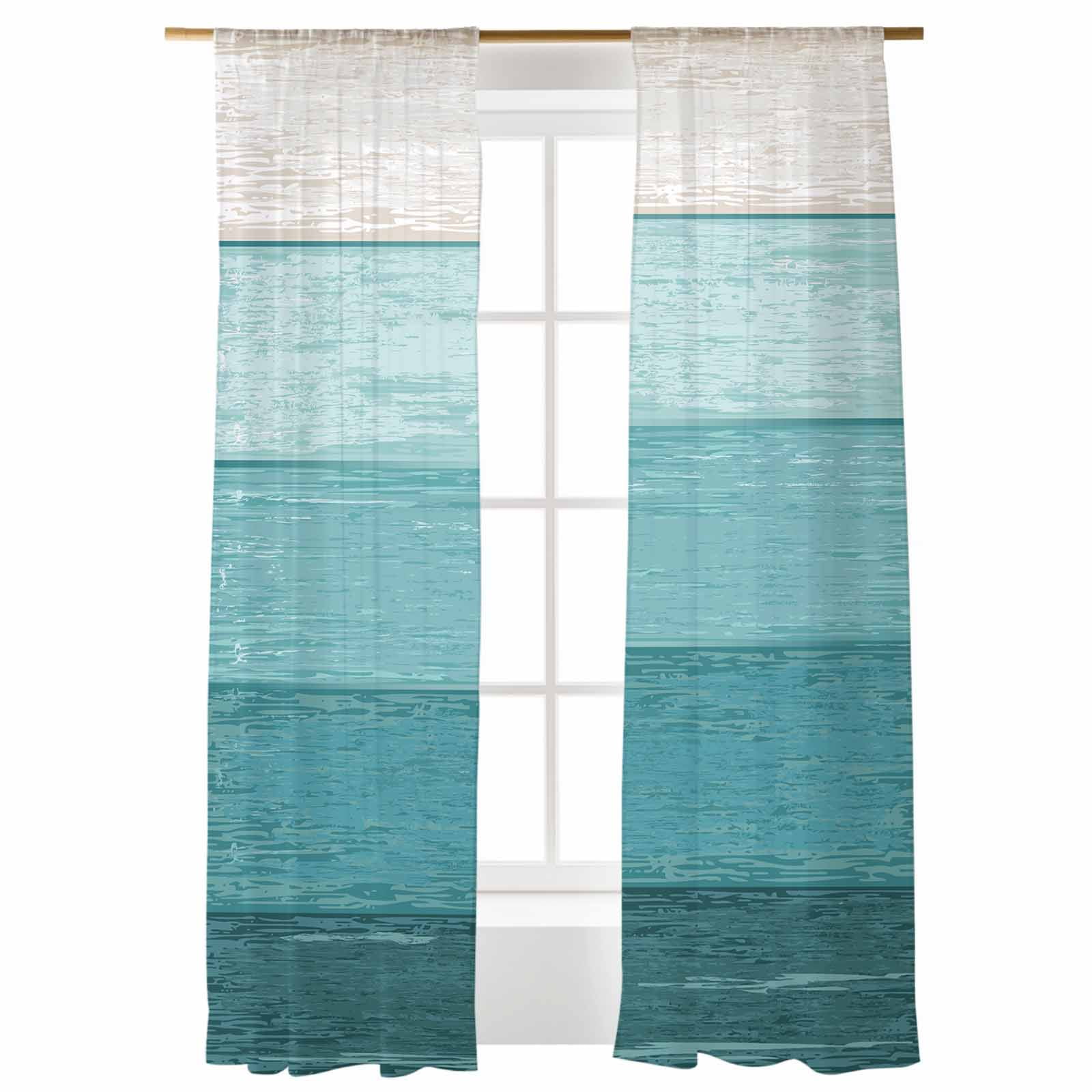 Sheer Curtains 96 inches Long, Teal Blue Striped Gradient Rustic Wood ...