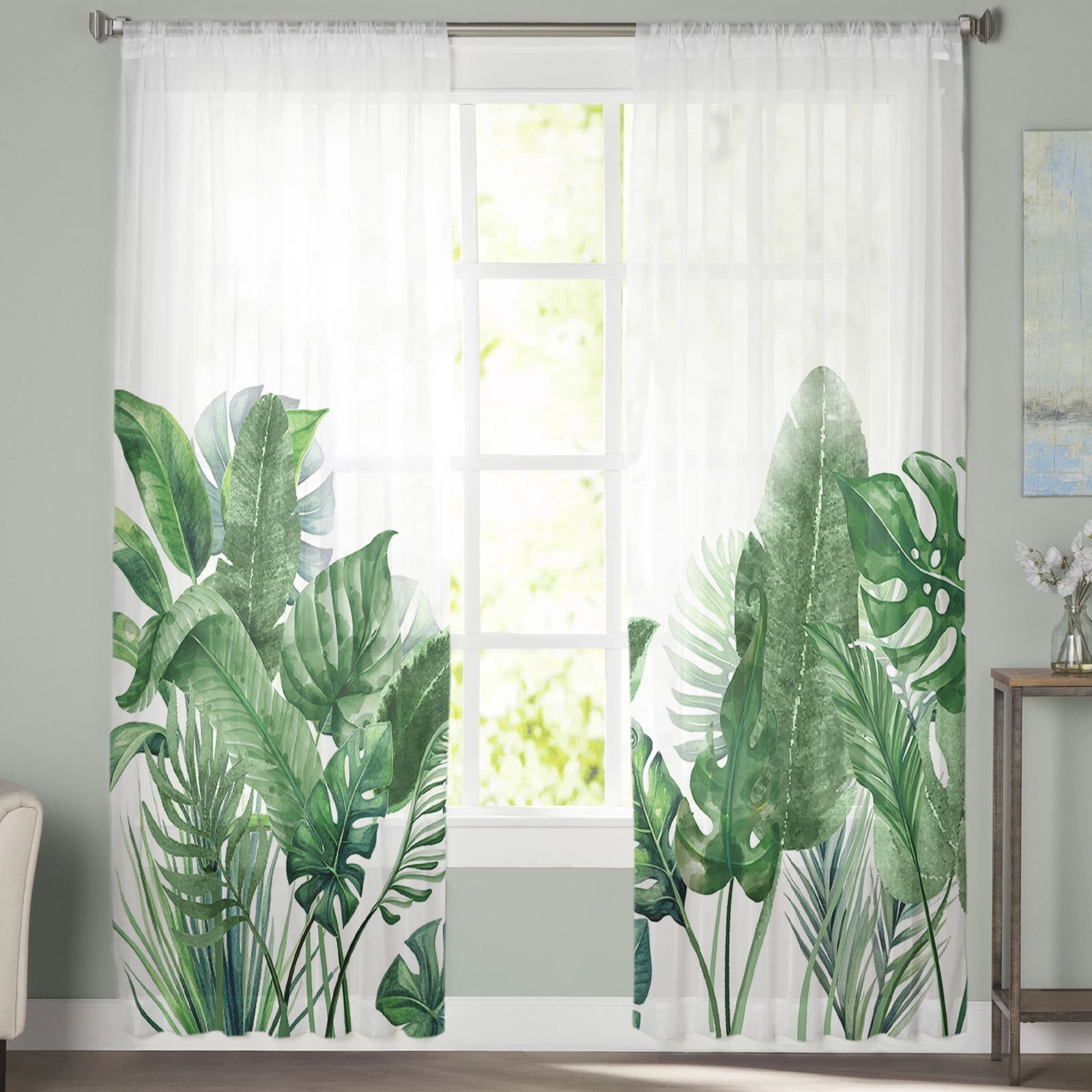 Sheer Curtains 96 inches Long, Tropical Rainforest Green Plant with ...