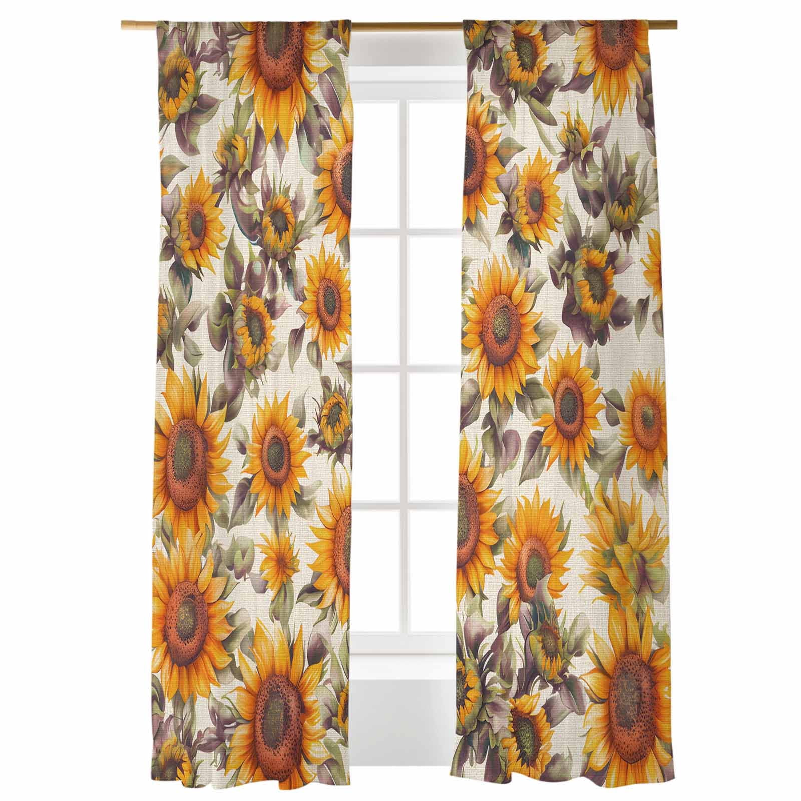 Sheer Curtains 96 inches Long, Vintage Sunflower Watercolor Floral ...