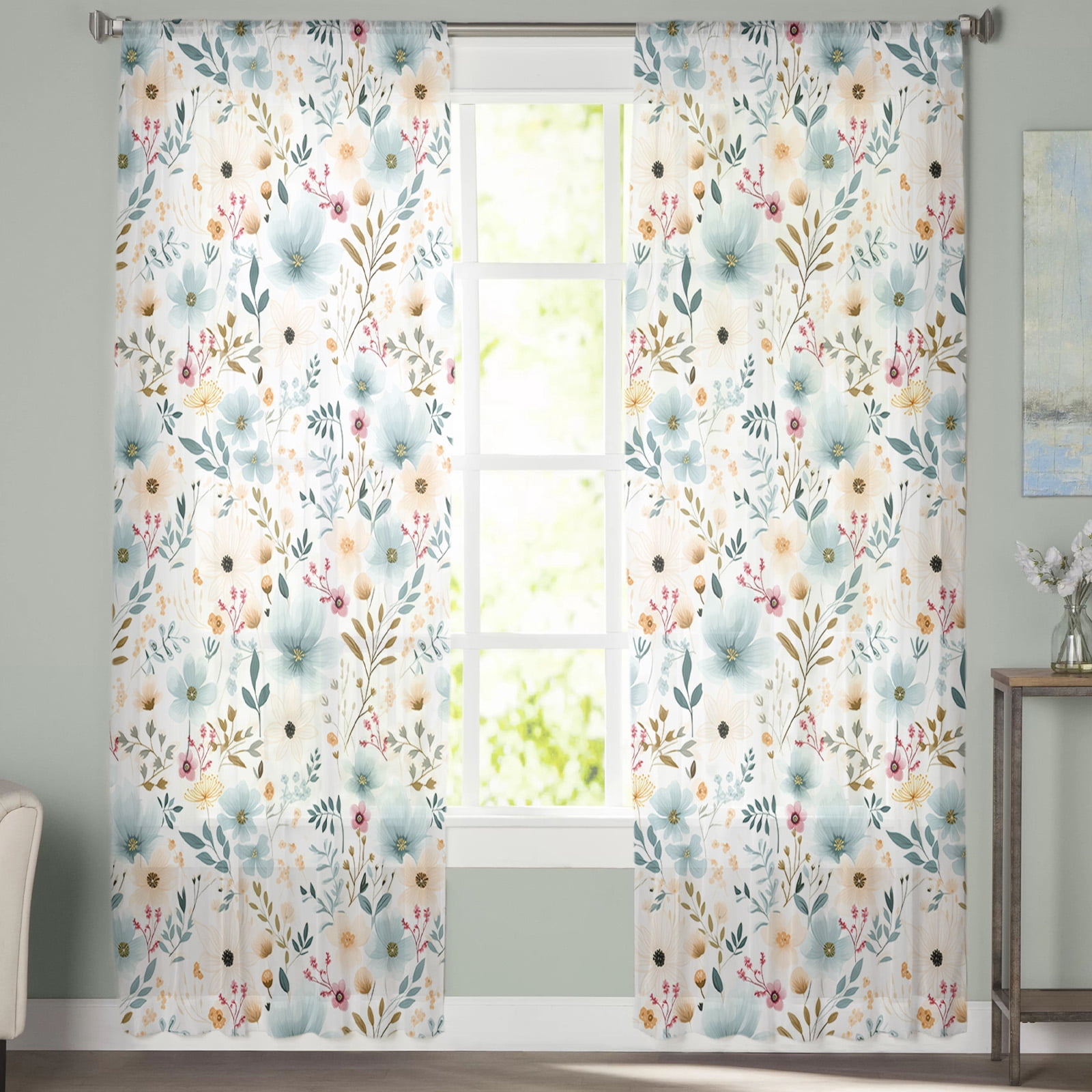 Sheer Curtains 96 inches Long, Winter Spring Flowers Floral Leaves ...