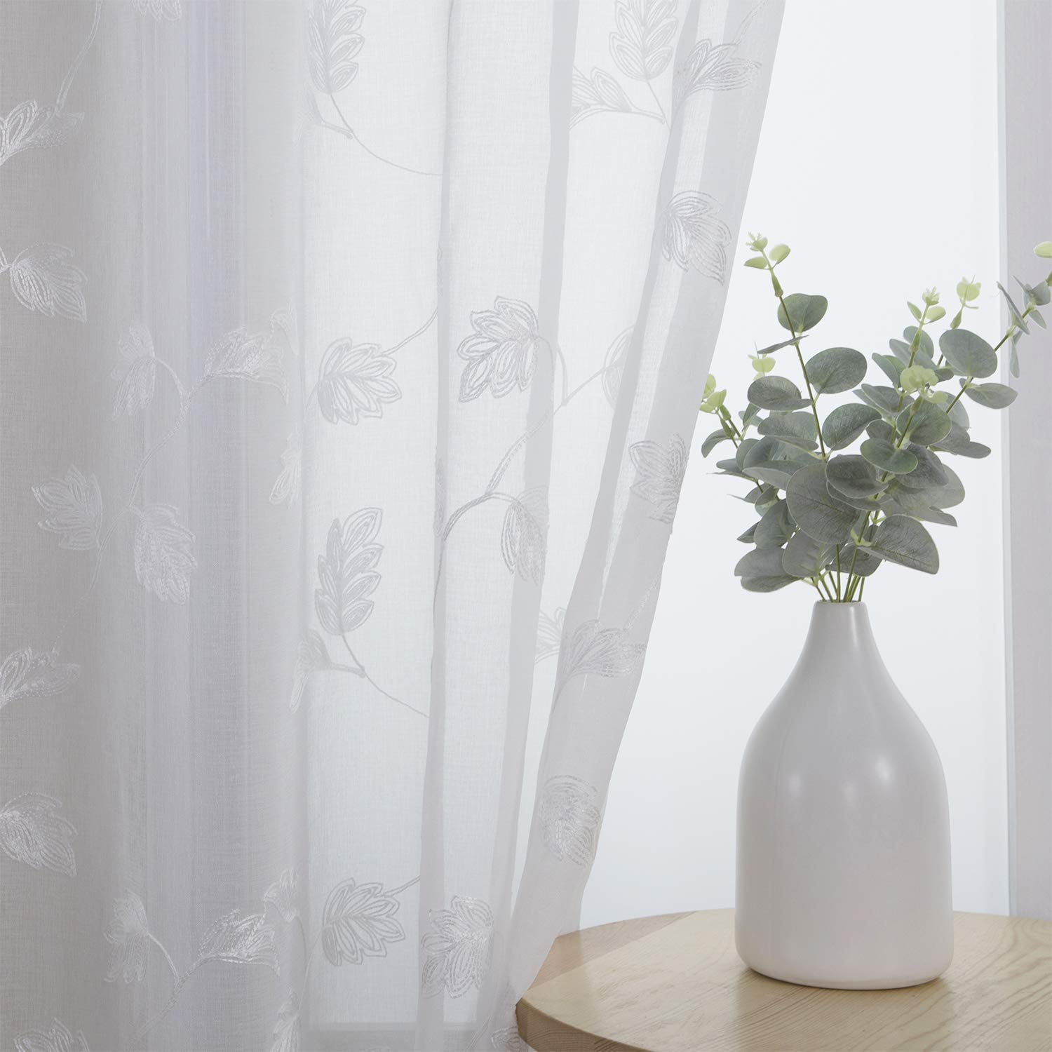 Sheer Curtains, Leaf Embroidery White Sheer Window Curtains Faux Linen ...