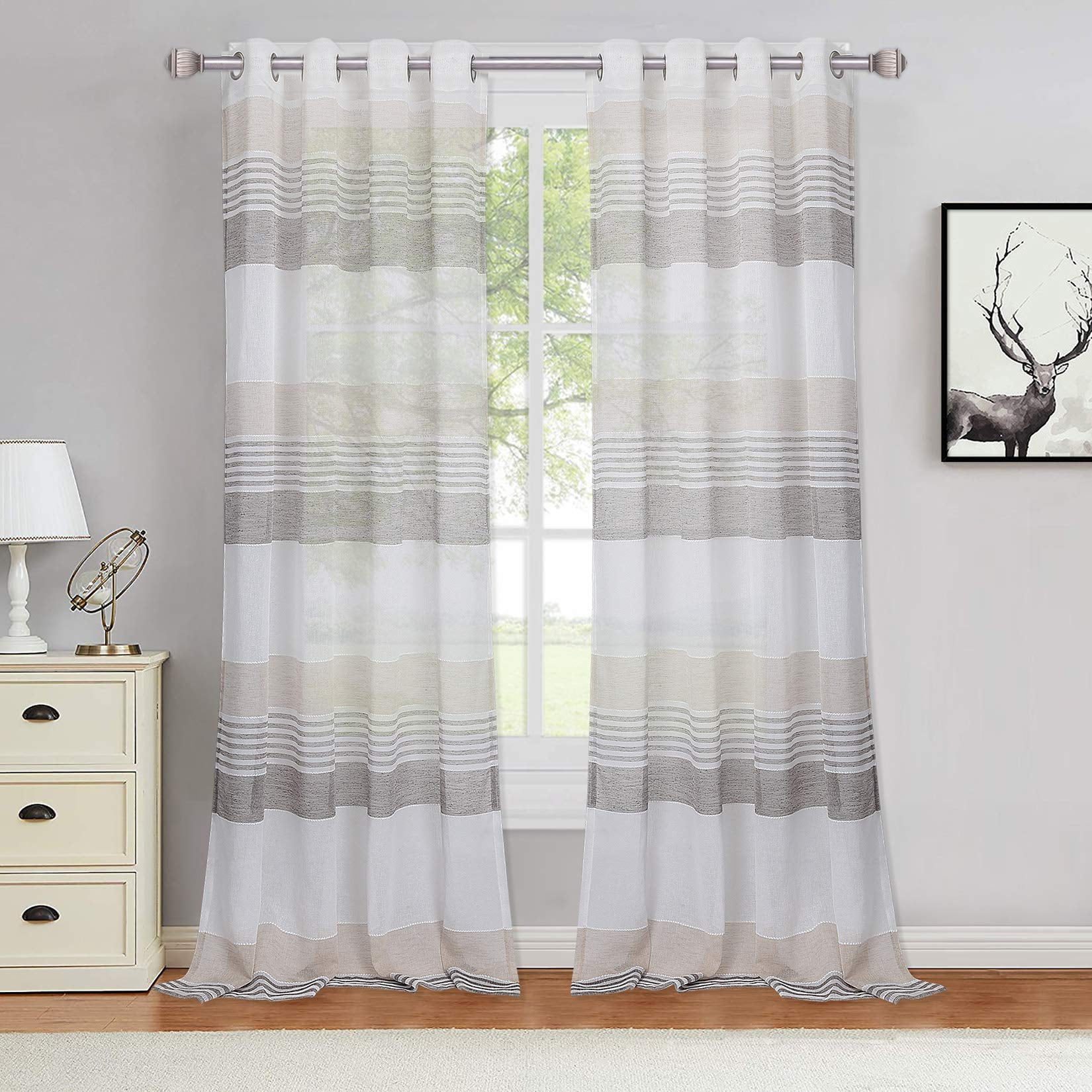 Sheer Curtains, Room Decorative Splicing Stripe Voile Grommet Sheer ...