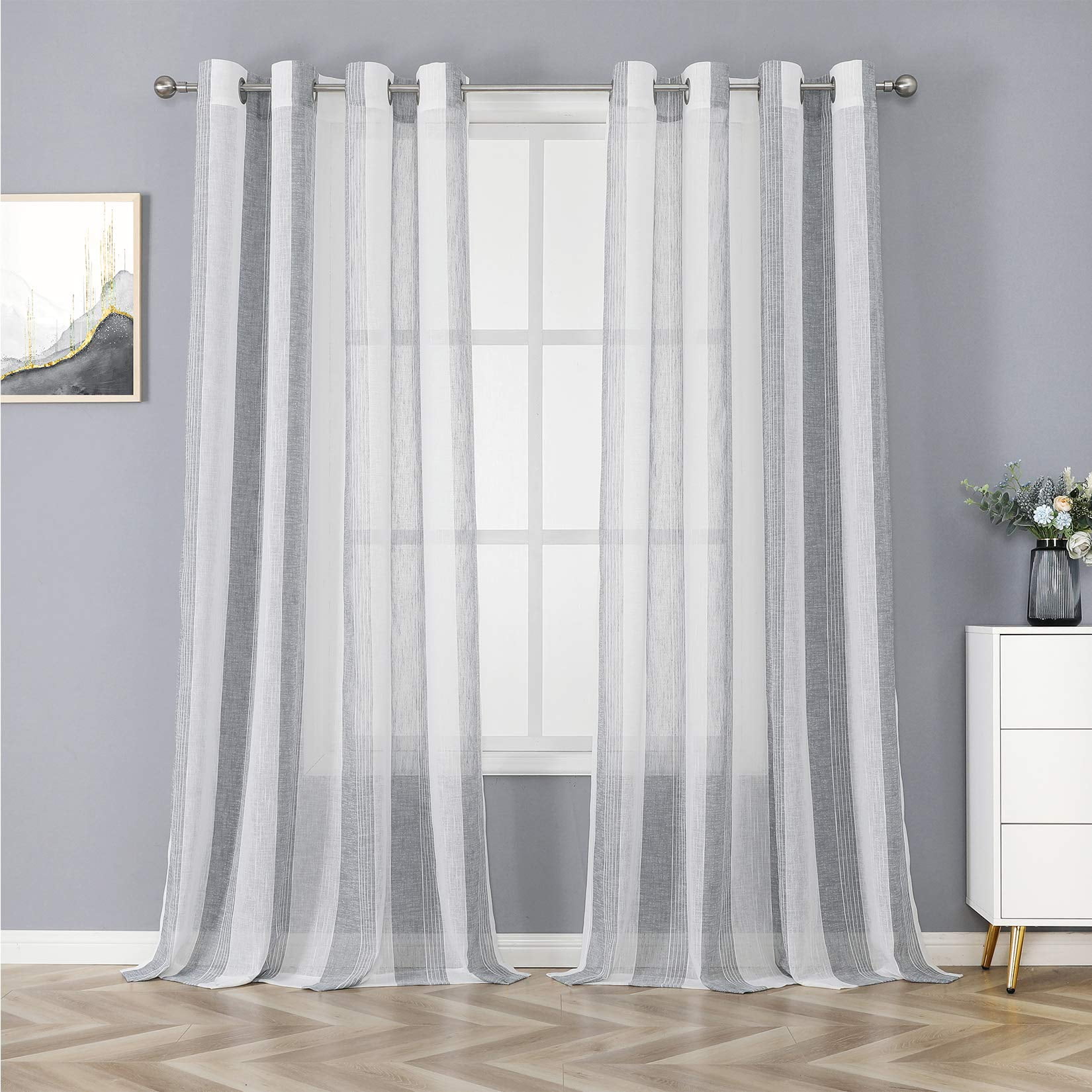 Sheer Curtains, Room Decorative Vertical Stripe Voile Grommet Sheer ...