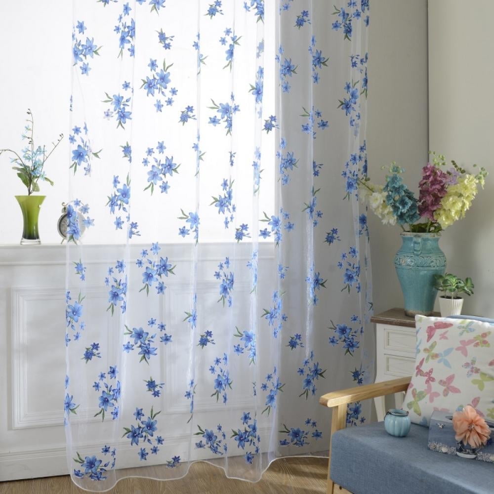 Walmart Sheer Floral Curtains, Blue Flower Printed, Set of 2, 39.4 x 79 ...