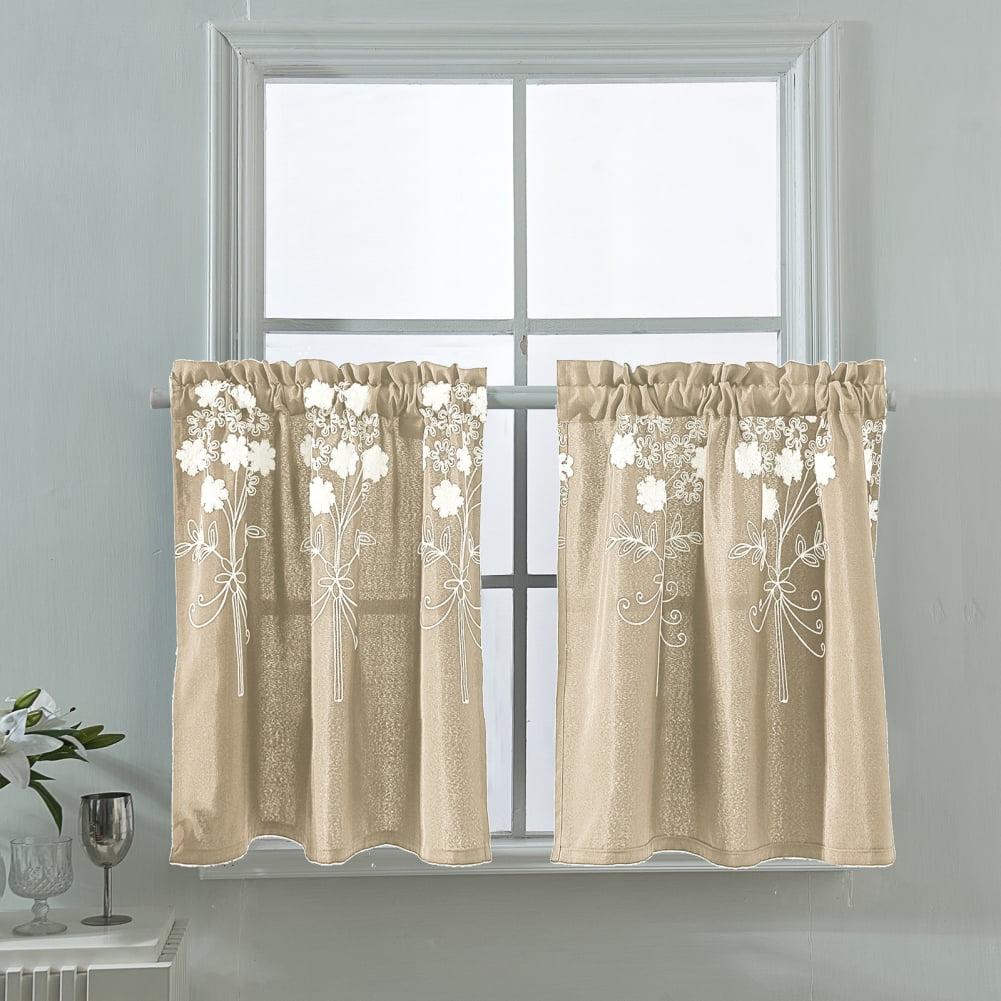 Sheer Kitchen Curtains Leaf Embroidered Cafe Curtains Semi Sheer Short ...
