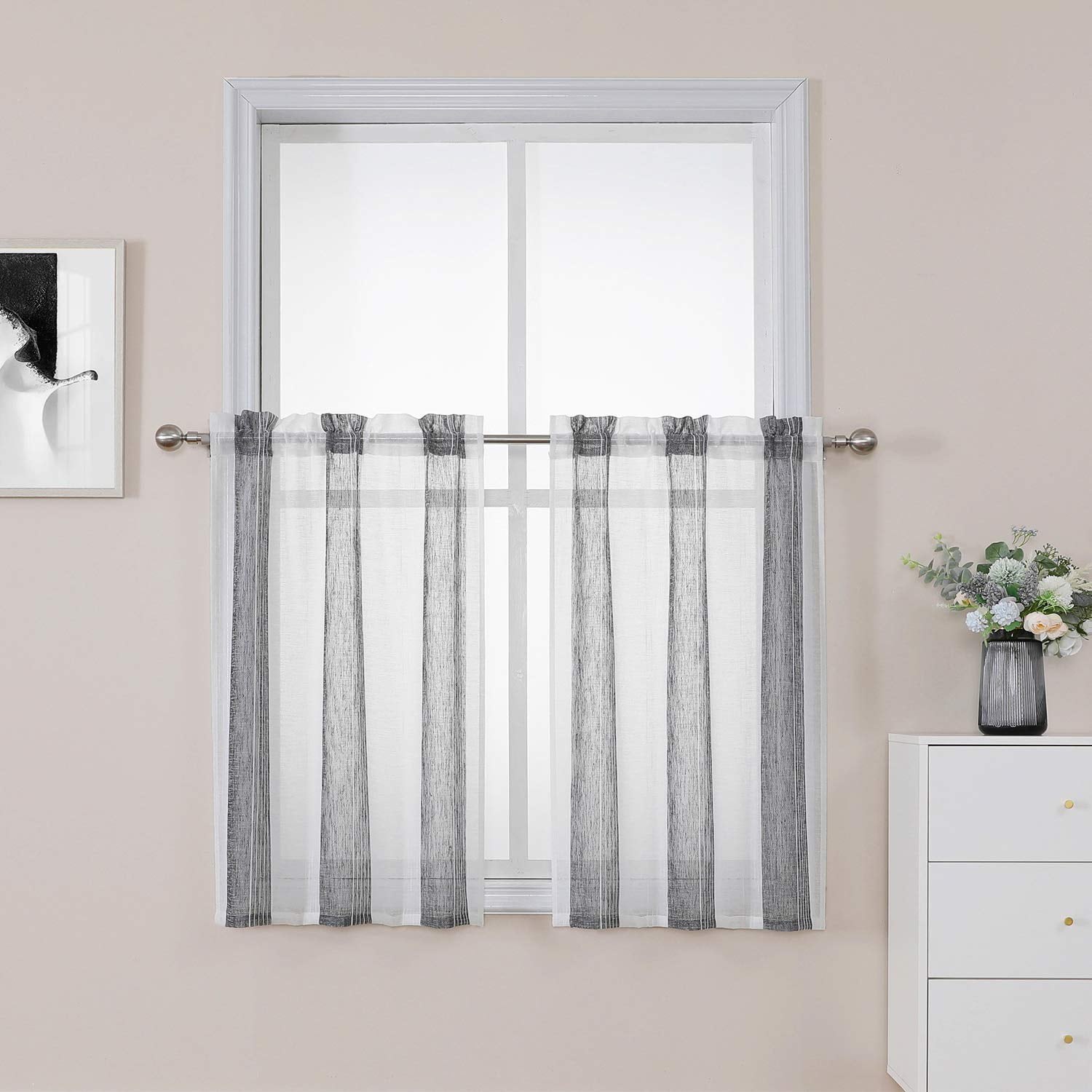 Sheer Kitchen Window Curtains, Vertical Striped Design Bathroom Window ...