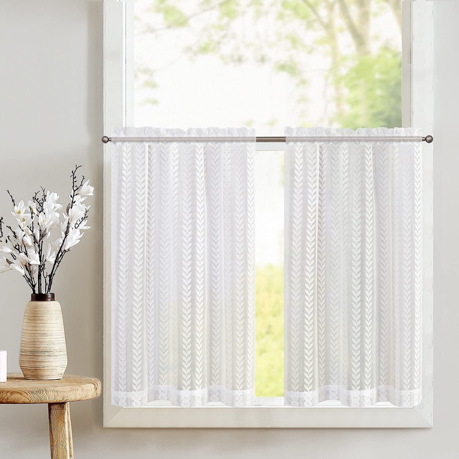 Sheer Lace Tier Curtains Leaf Embroidery Farmhouse Short Curtain 2 ...