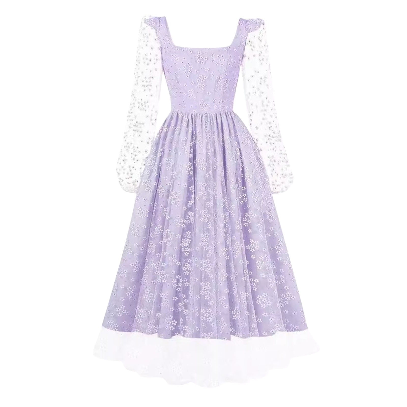 Sheer Mesh Midi Dress for Women Puff Sleeve Fairy Cute Dress Multi ...