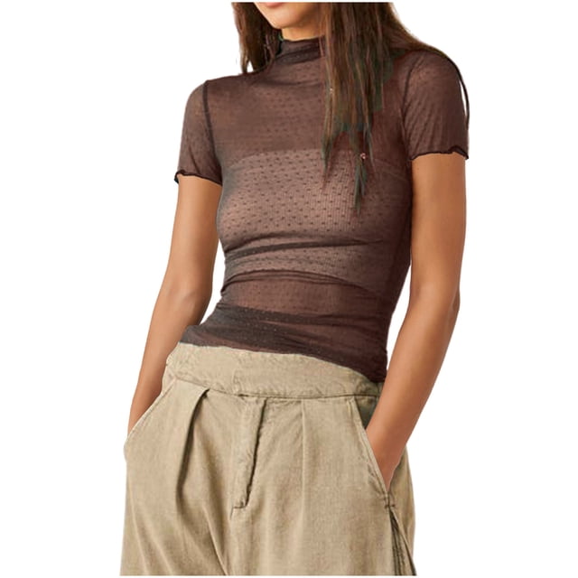 Sheer Mesh Short Sleeve Layering Top for Women Mock Neck Floral Lace ...