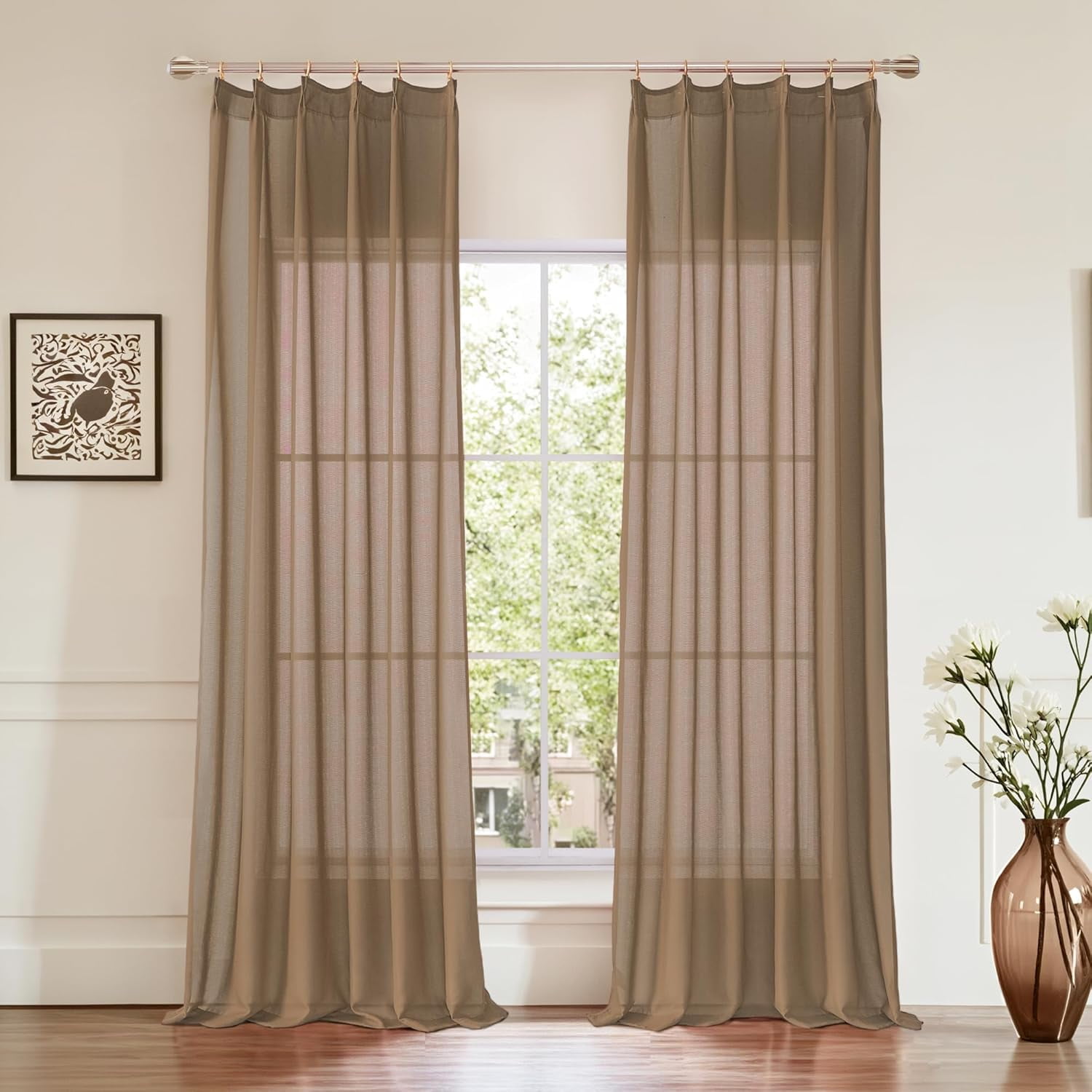 Sheer Pinch Pleated Curtains 132" Long, Extra Long Tree Texture Voile ...