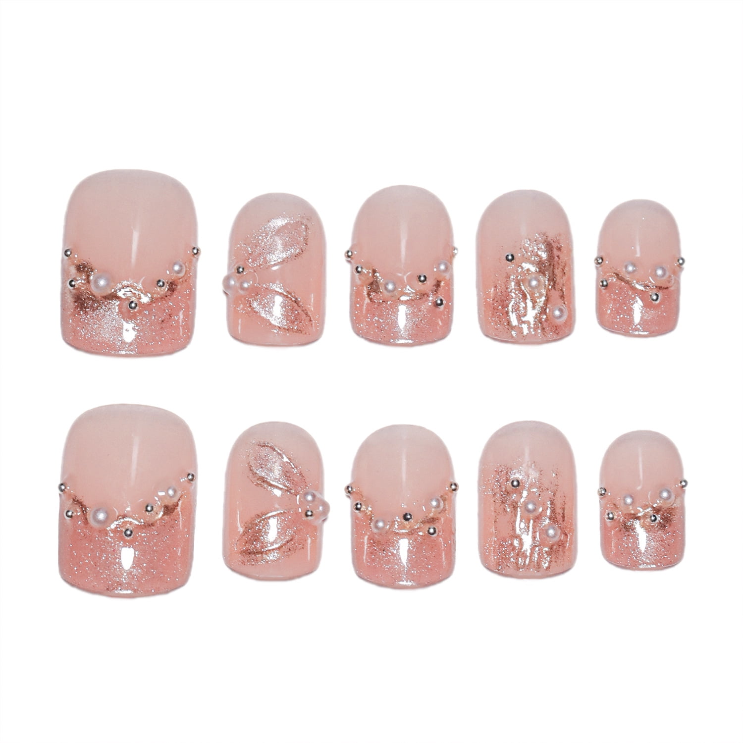 Sheer Pink Nude Pearl Accent Gold Foil Press on Nails, Short Squoval ...