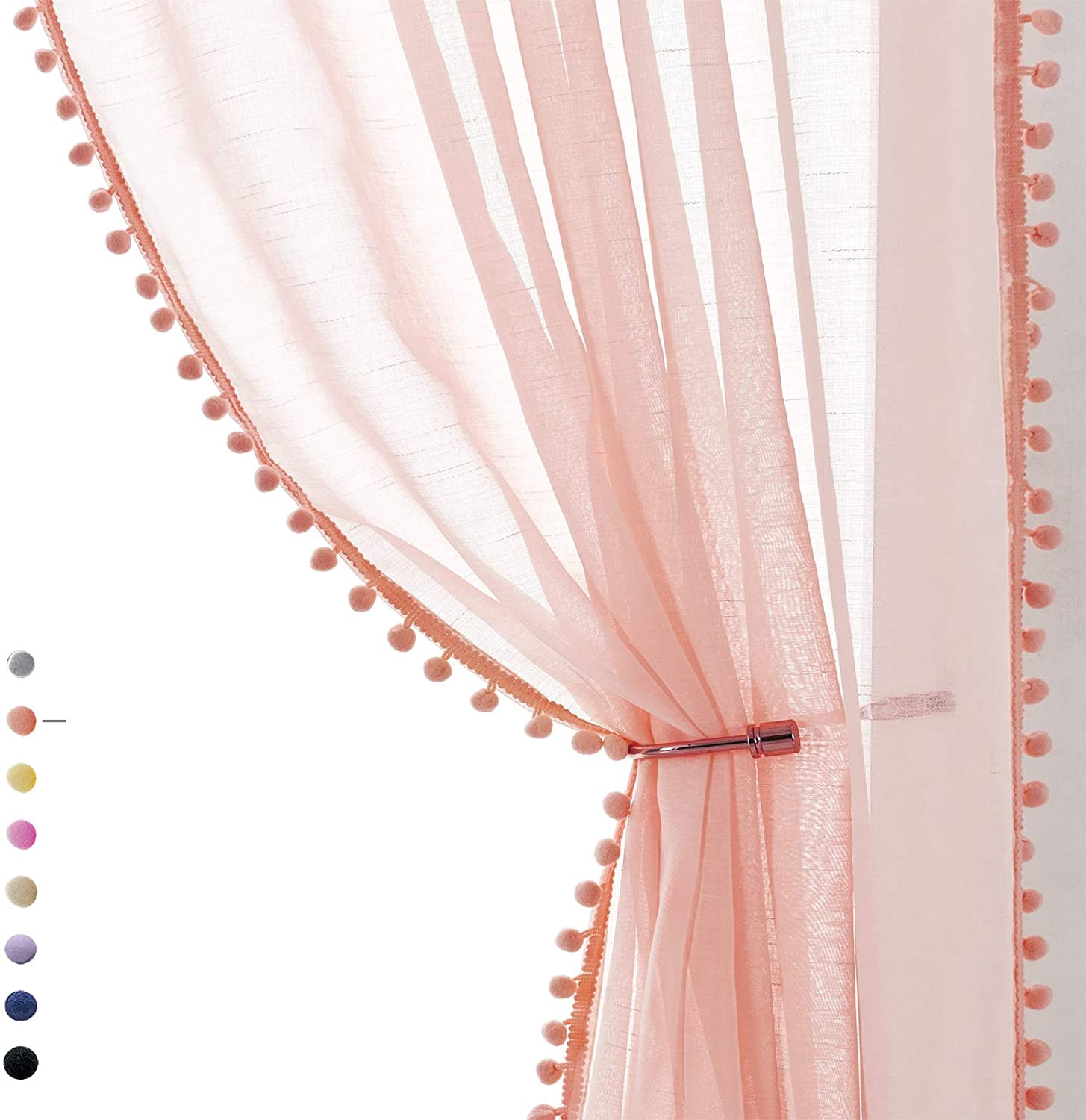 Sheer Blush Pink Pompom Curtains Drapes for Bedroom Nursery 52x95 2 ...