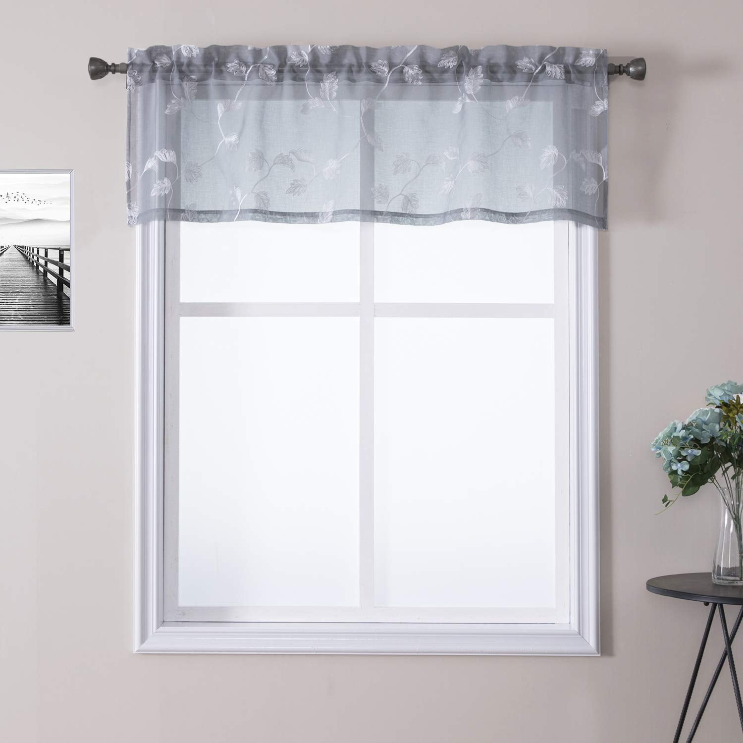 Sheer Valance Curtains, Grey Leaf Embroidery Window Treatment Voile ...