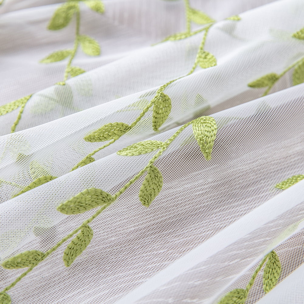 Sheer Voile Curtain Green Leaf Embroidered Window Treatment Panel ...