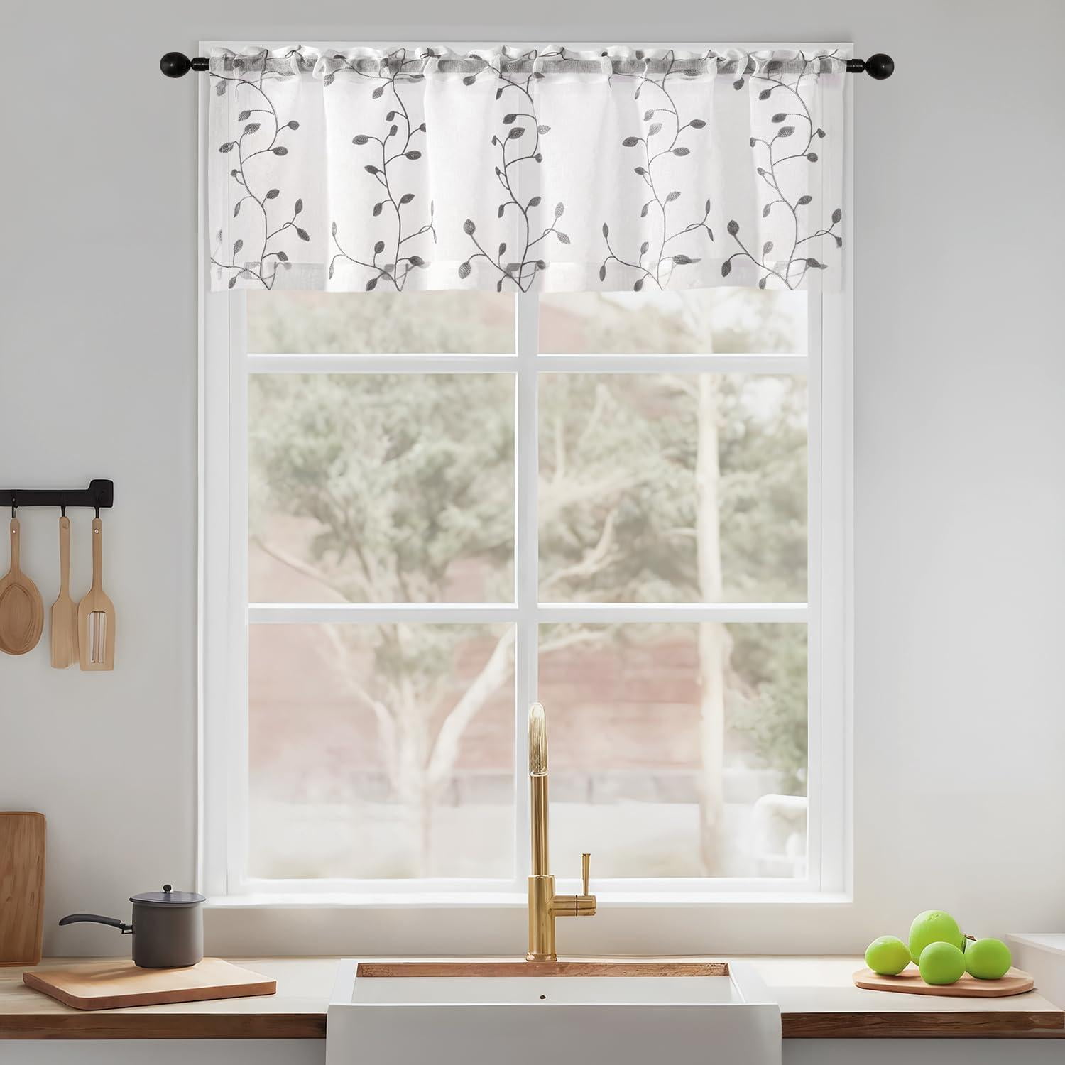 Sheer Voile Curtain Valance Leaves Embroidered Small Window Valances ...