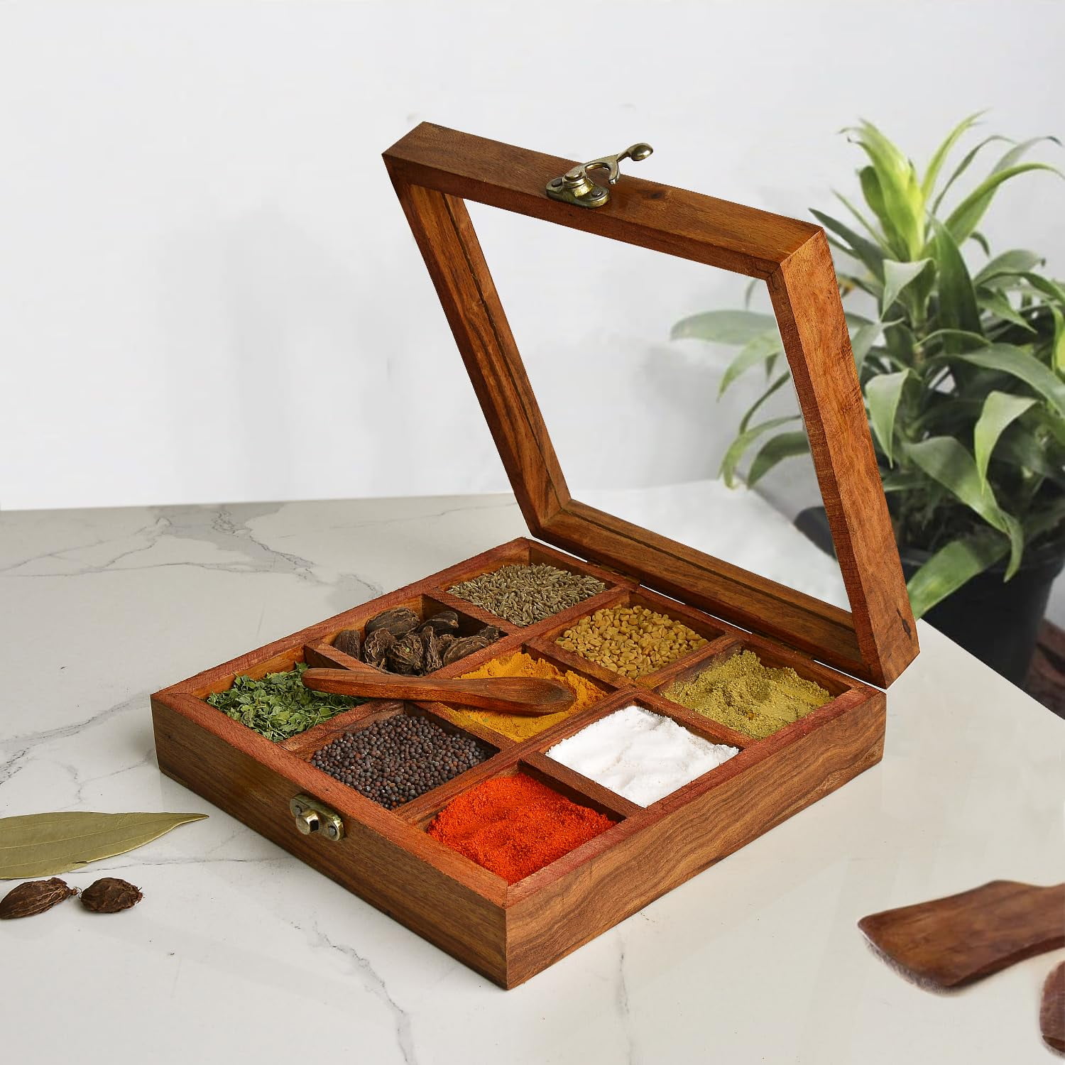 Sheesham Wood Spice Box With Spoon For Kitchen With 9 Partitions ...