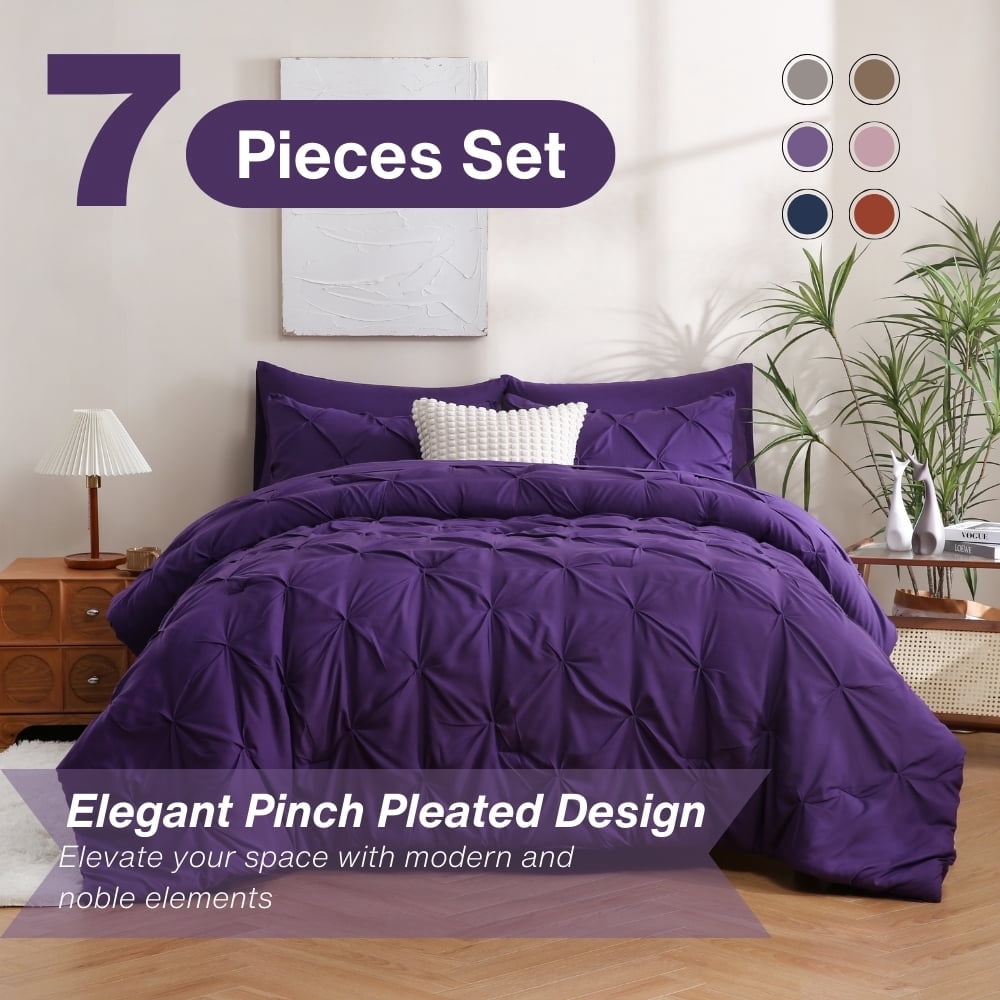 Sheet&Joy 7 Pieces Pinch-Pleated Comforter Set, Purple King Size ...