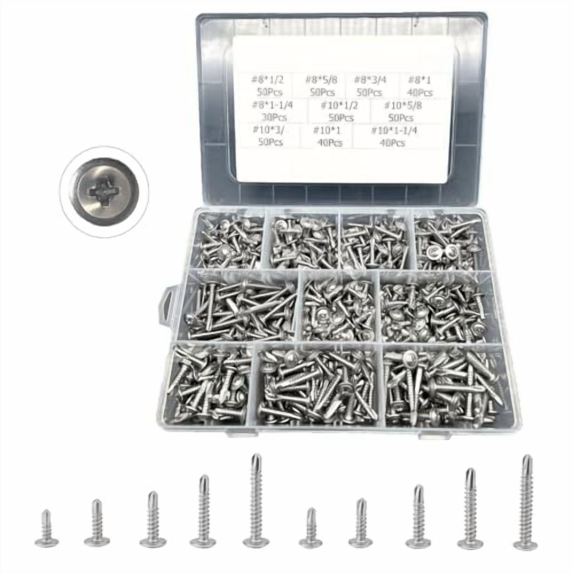 Sheet Metal Screws Assortment Kit, 450PCS #8 & #10 Self-Tapping Round ...
