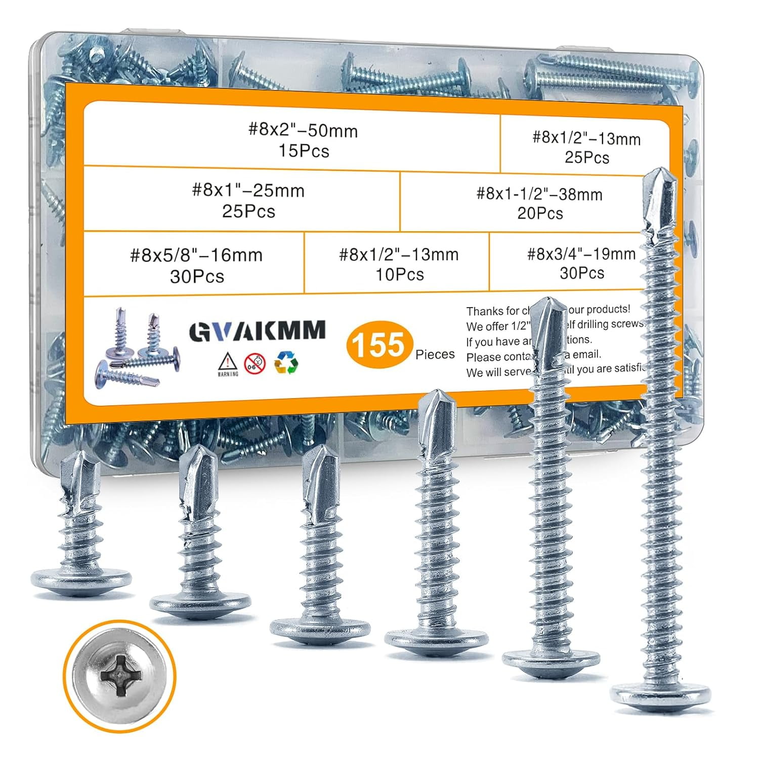 Sheet Metal Screws Assortment Kit,#8 Self-Tapping Screws Set for Metal,155pcs,6 Sizes(2'',1-1/2 ...