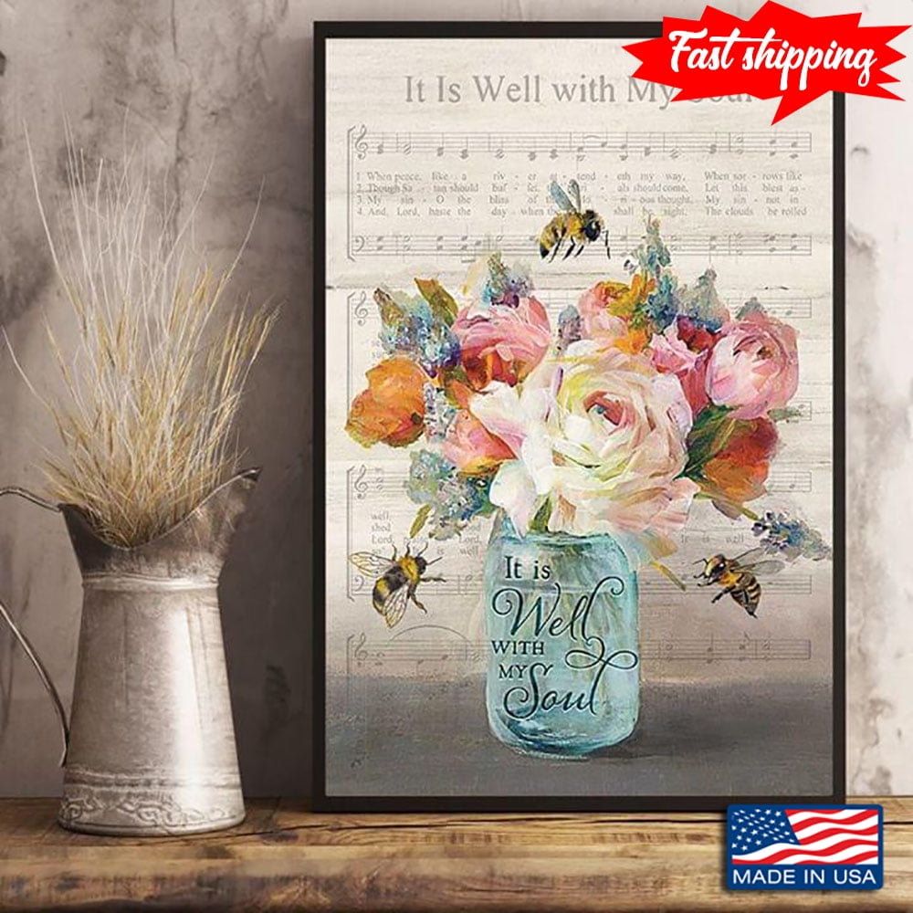 Sheet Music Theme Bees Flying Around Flowers In Mason Jar It Is Well ...