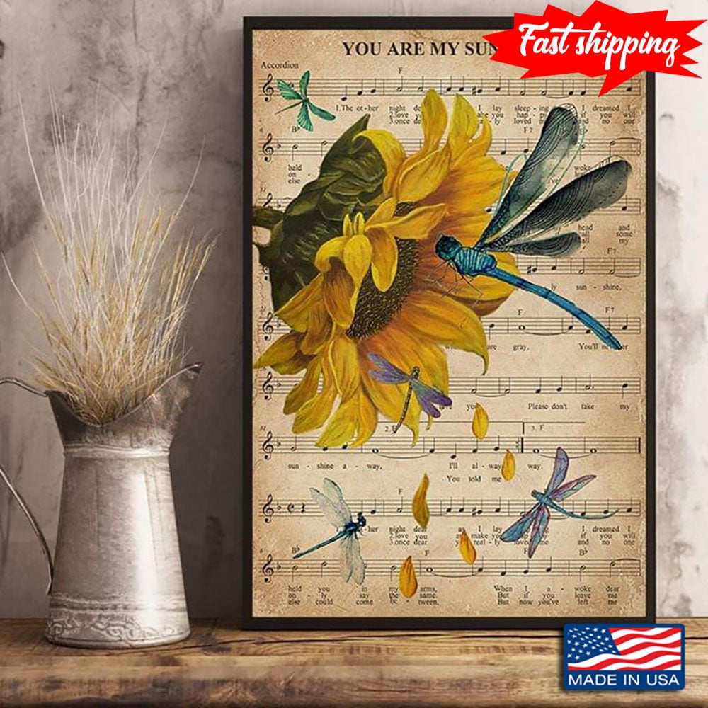 Sheet Music Theme Dragonflies & Sunflower You Are My Sunshine 11 x 17 ...