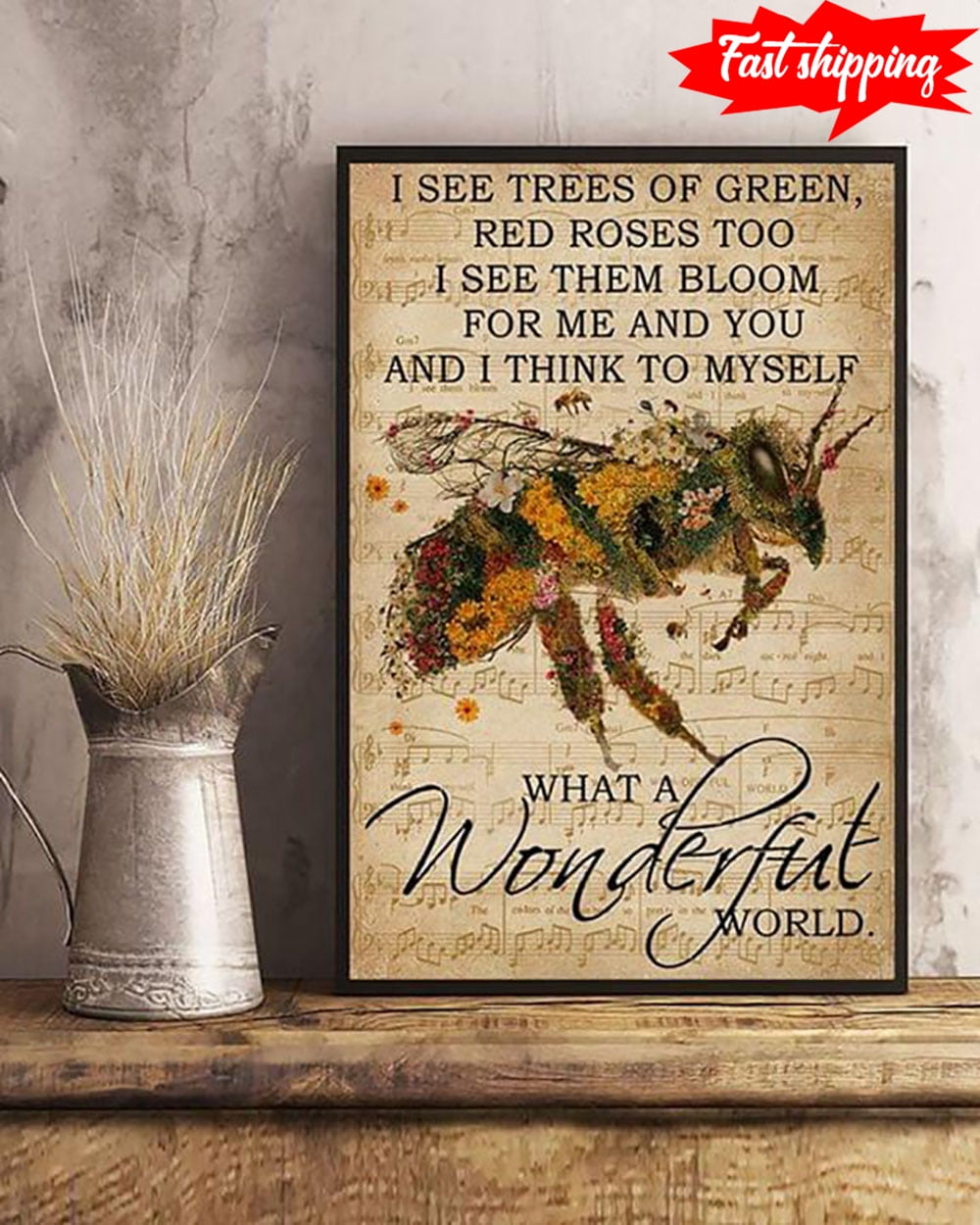 Sheet Music Theme Floral Bee I See Trees Of Green, Red Roses Too 16 x ...
