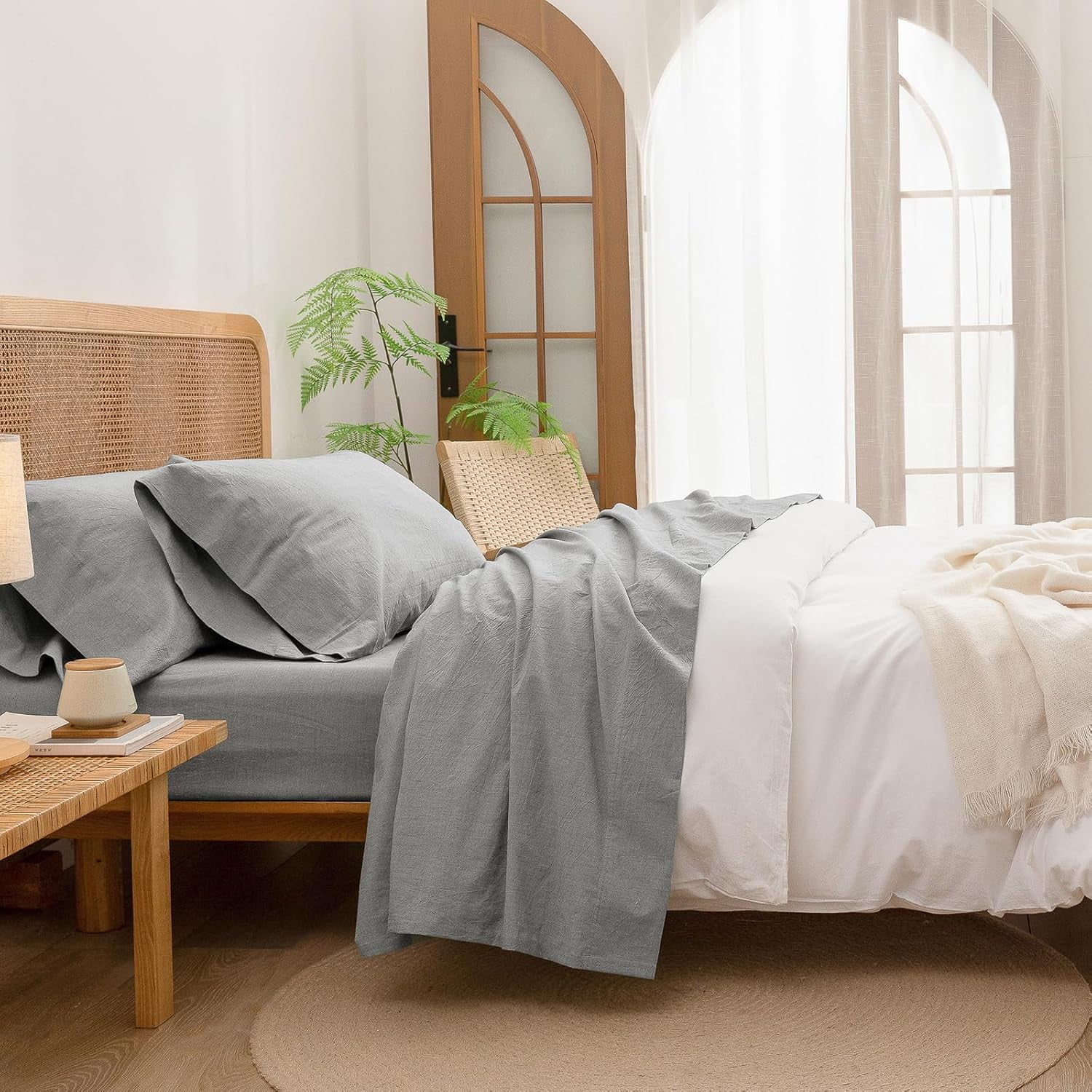 Sheet Set 100% Washed Cotton Linen Feel Super Soft Comfortable Chic ...