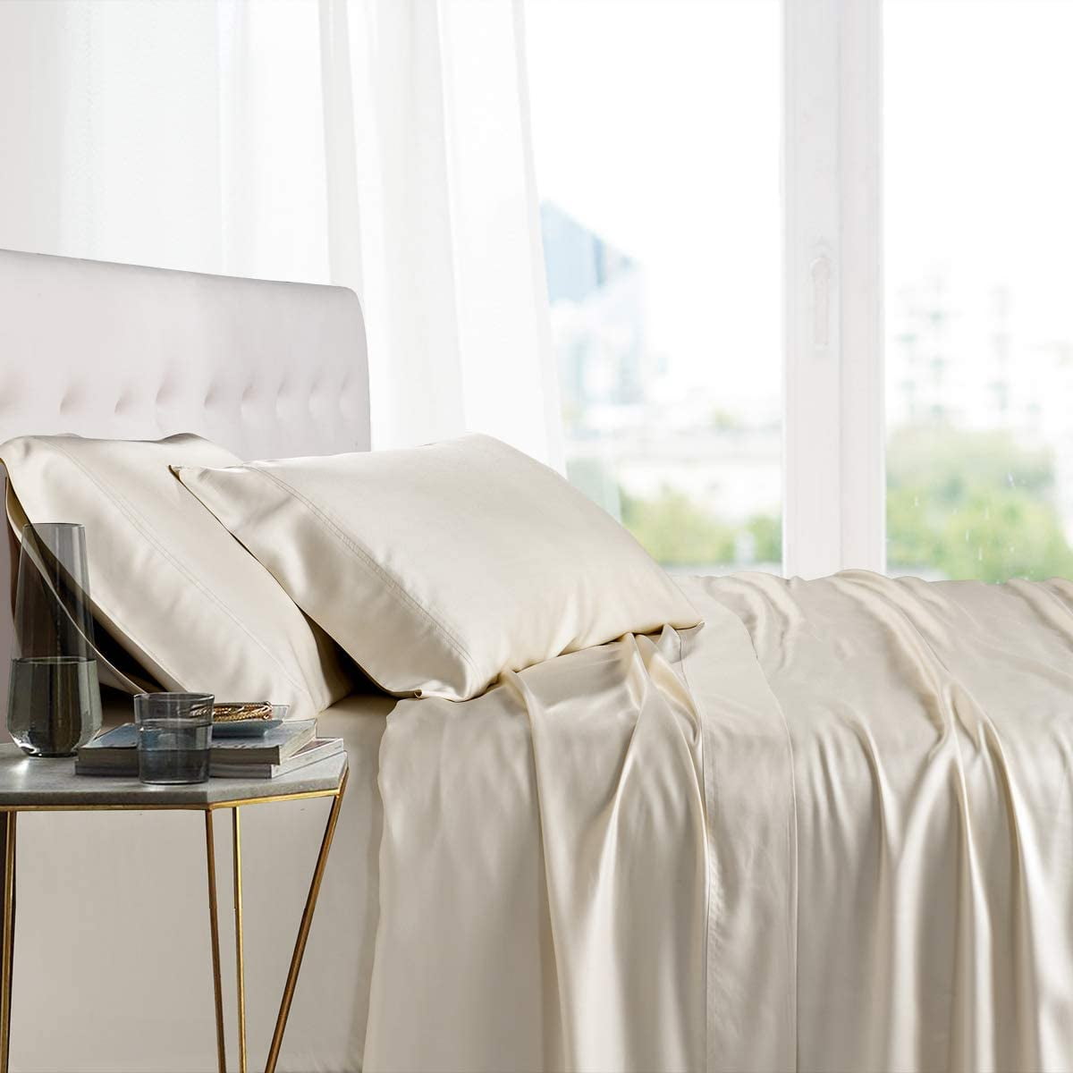 Sheetsnthings Bamboo Viscose Bed Sheets (Olympic Queen, Solid Ivory ...
