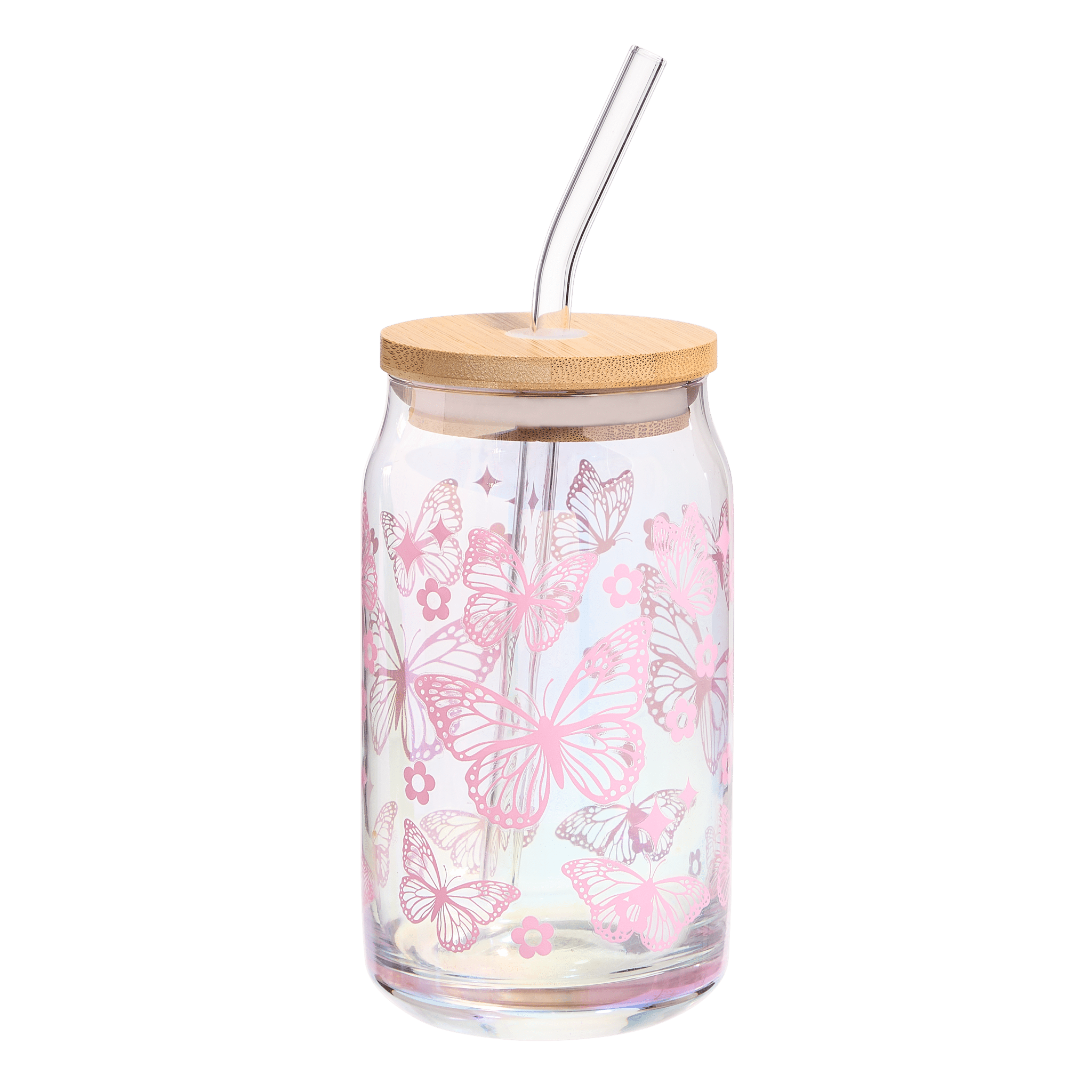 Sheffield Home 16oz Pink Butterflies Glass Sipper with Straw ...