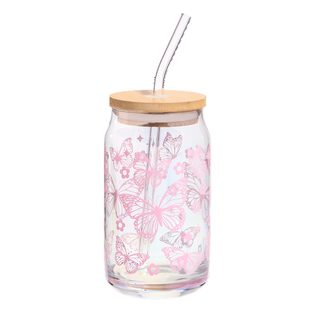 Sheffield Home 16oz Pink Butterflies Glass Sipper with Straw ...