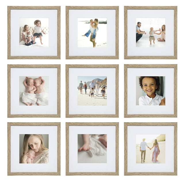 Sheffield Home 9 Piece Gallery Wall Frame Set, 12x12 in. Matted to 8x8 in. (Light Natural ...