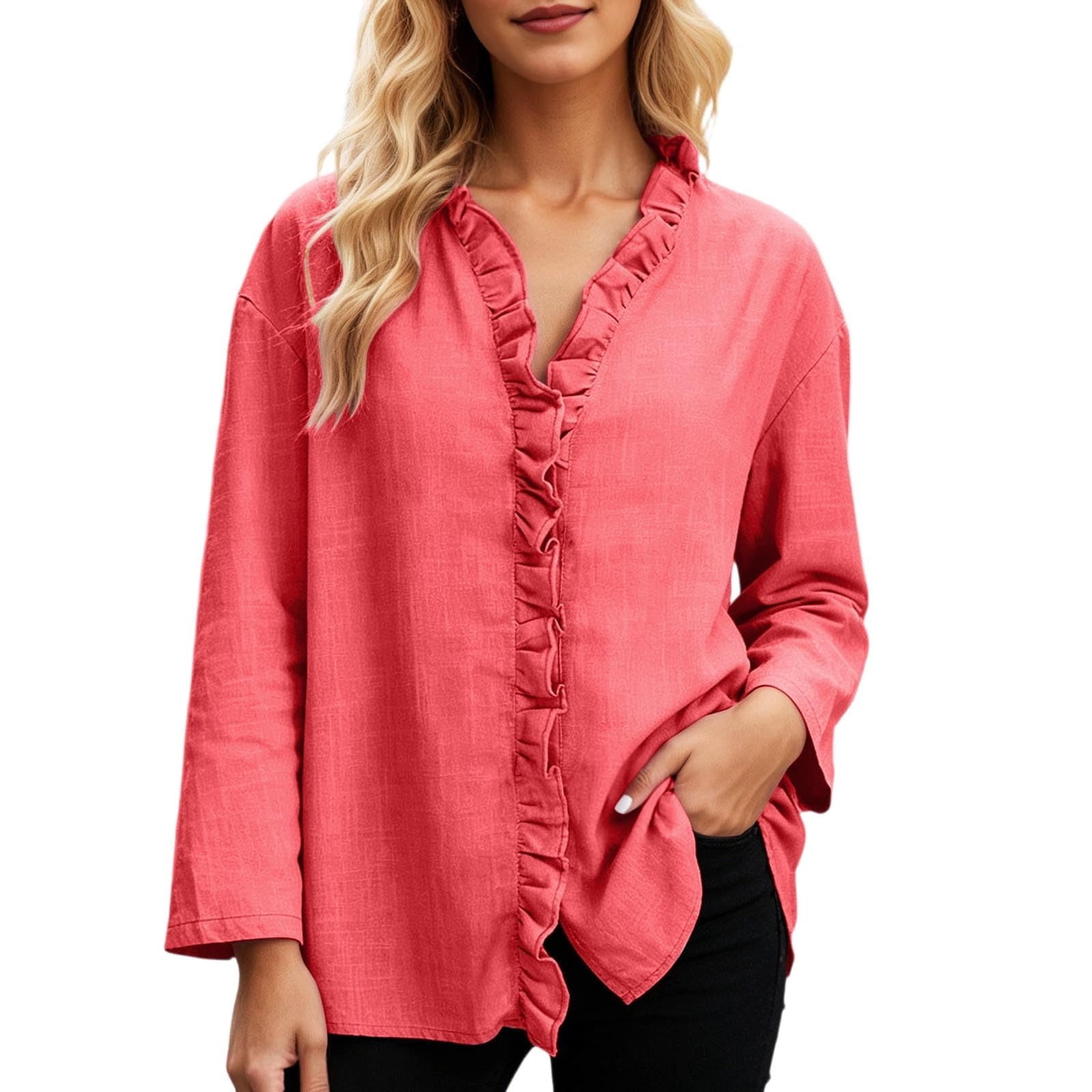 Sheghy Going Out Tops V Neck Solid Long Sleeve Leisure Summer Women ...