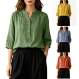 Sheghy Spring Summer Tops, Linen Blend V Neck 3/4 Sleeve Loose Pullover ...