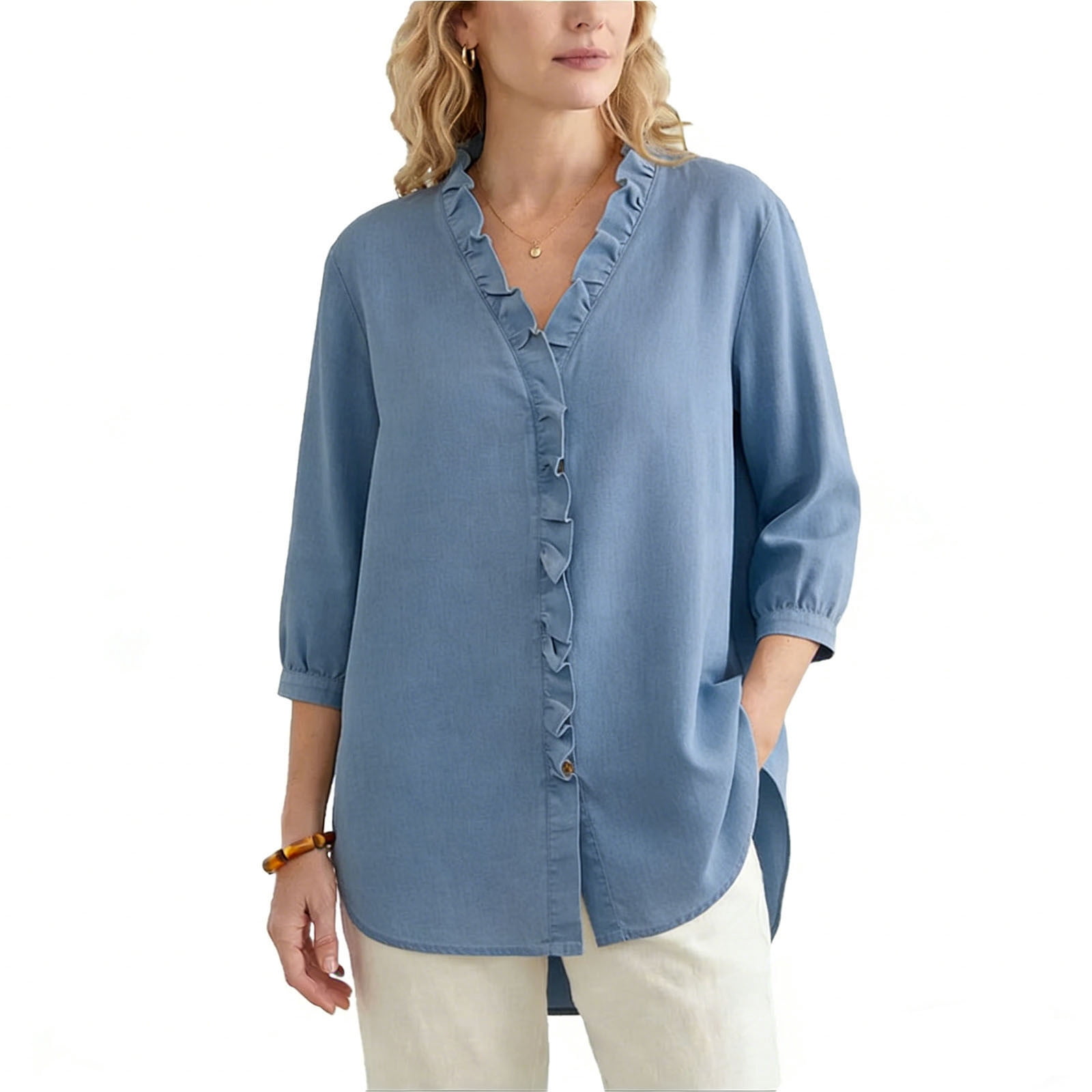 Sheghy Womens Long Sleeve Tops Summer 2026 V-Neck Basic Top Cotton ...