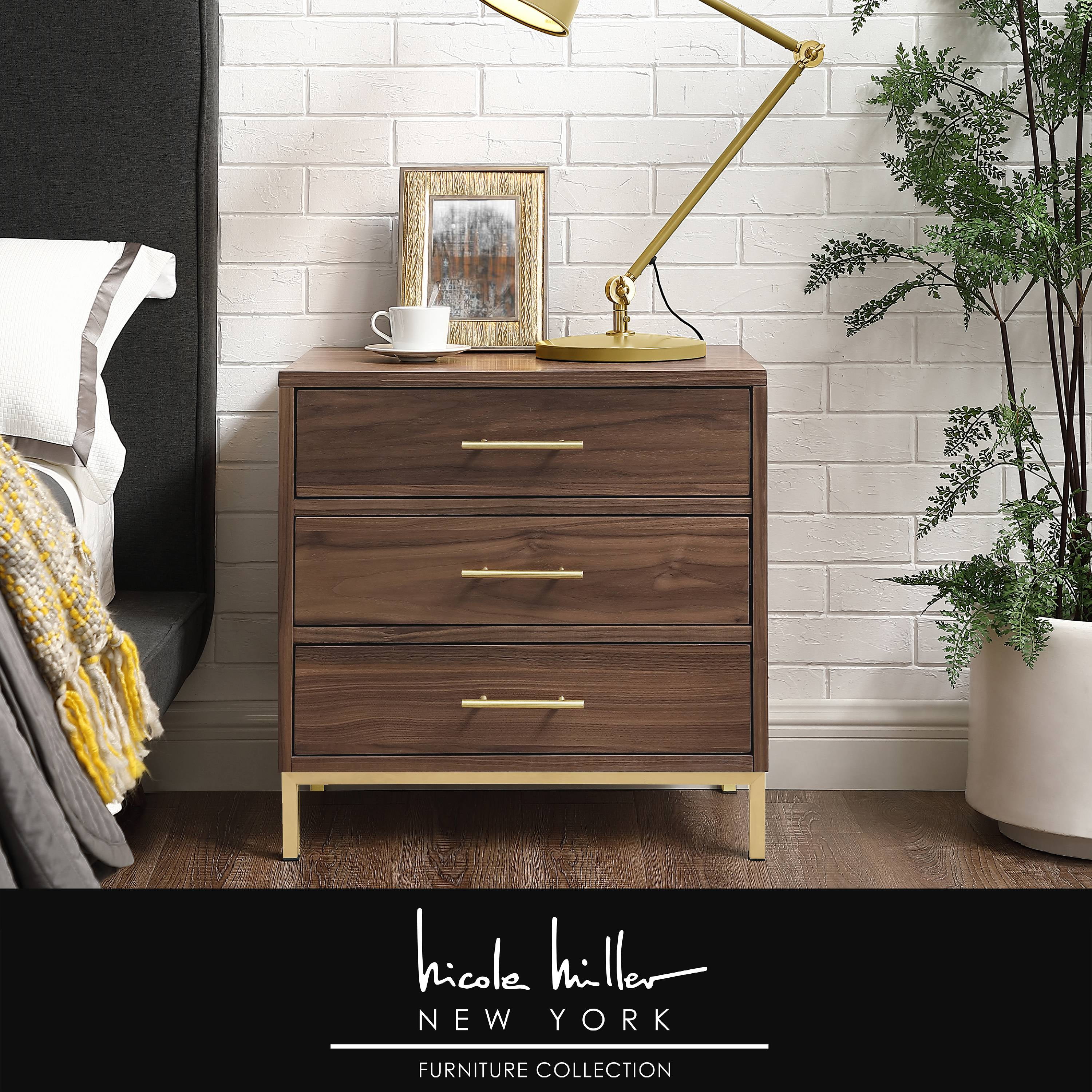 Shelby Walnut Gold Side Table - 3 Drawers, T-Bar Handle in Gold ...