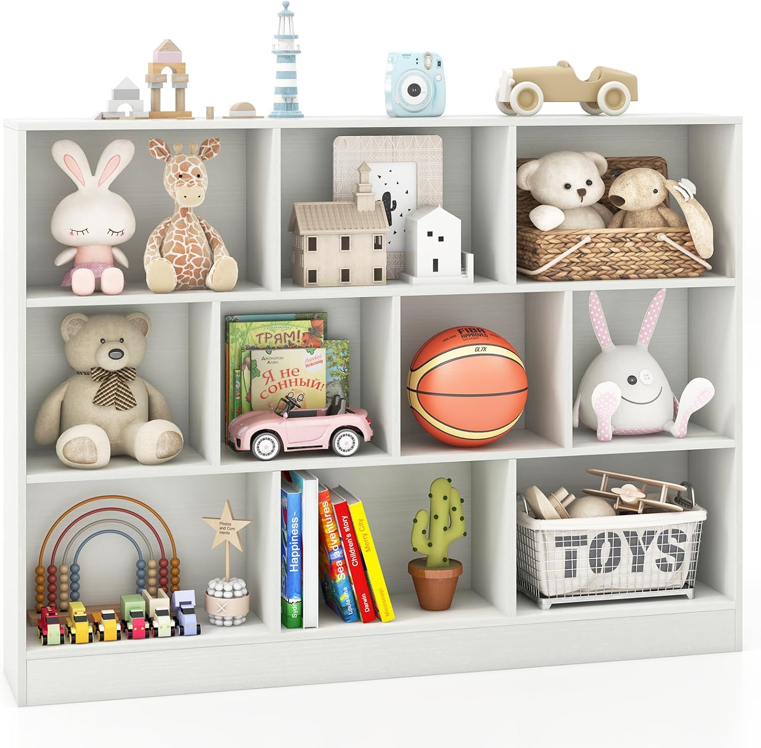 Shelf, 10-Section Toy Storage Organizer for Books Toys, 3 Tier Wooden ...