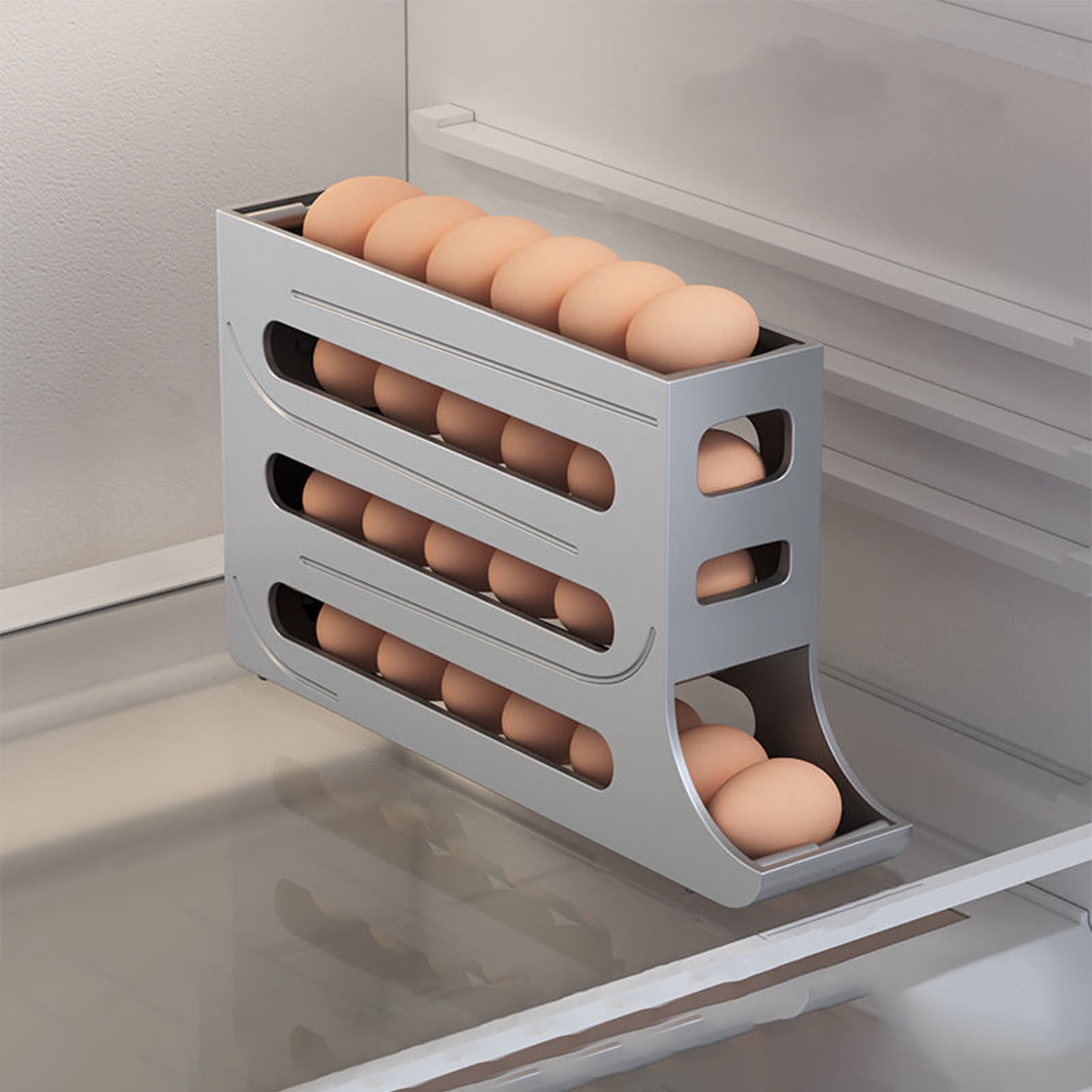 Shelf 4 Tiers Eggs For Fridge Auto Rolling Fridge Eggs Organizer Space ...