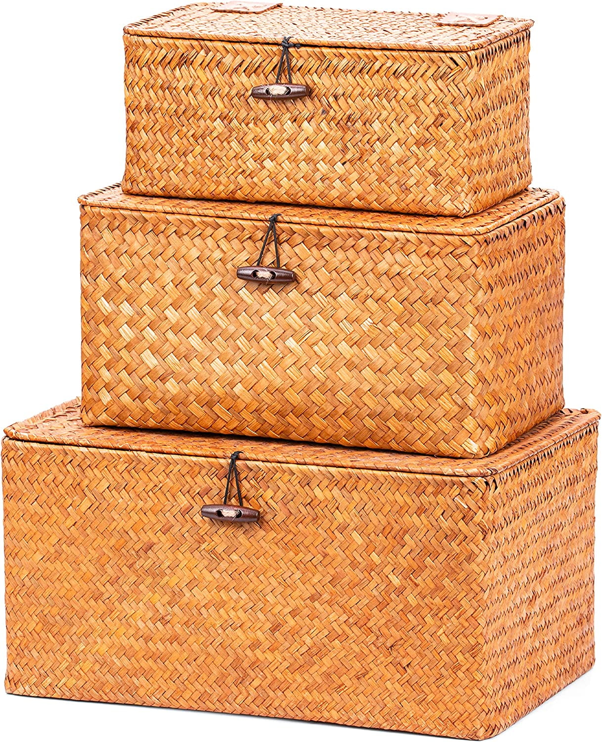 Shelf Baskets with lids set of 3,Handwoven Wicker baskets,Rectangular ...