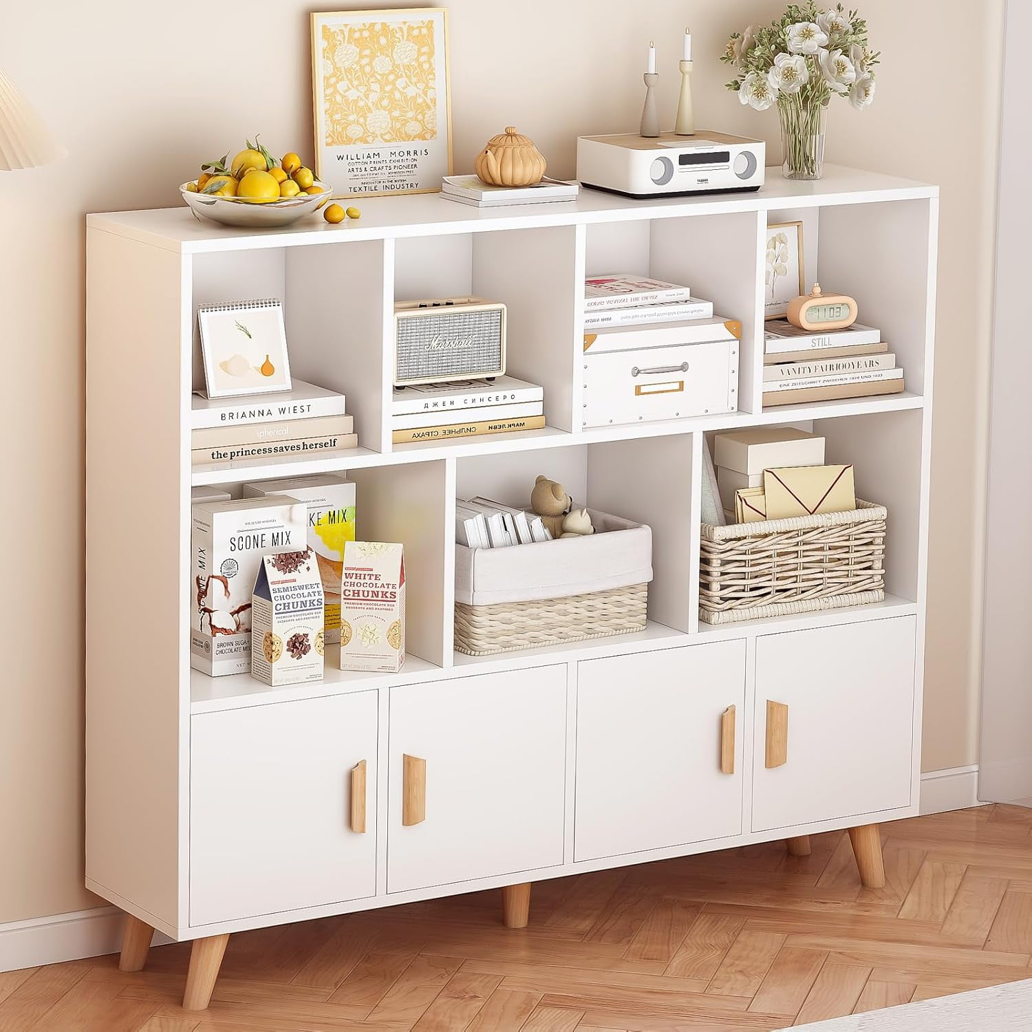 Shelf Bookcase with Doors - Wooden 11 Cube Floor Standing Open ...