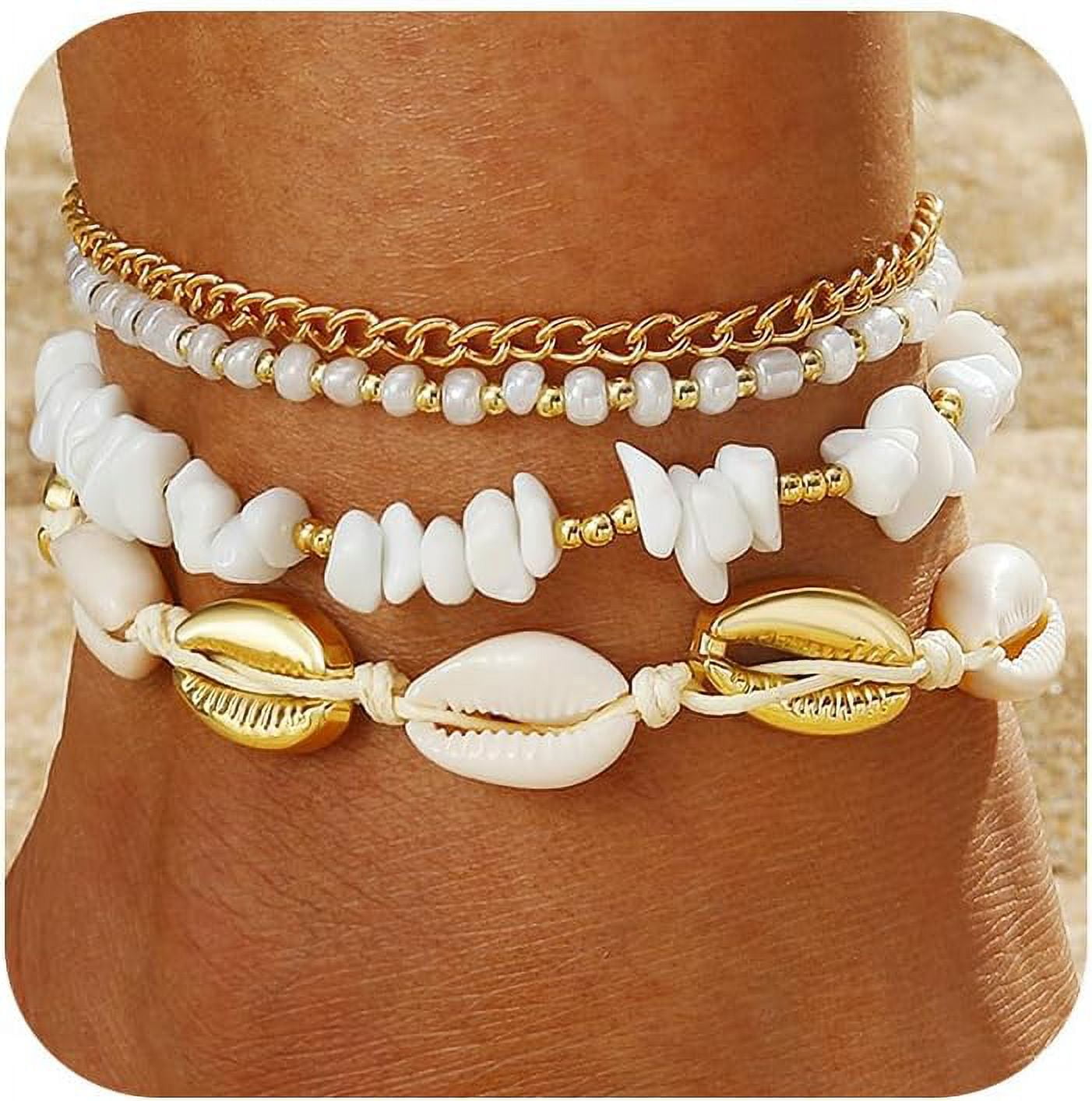 Shell Ankle Bracelet Set for Women, 14K Gold Boho Bead Adjustable ...
