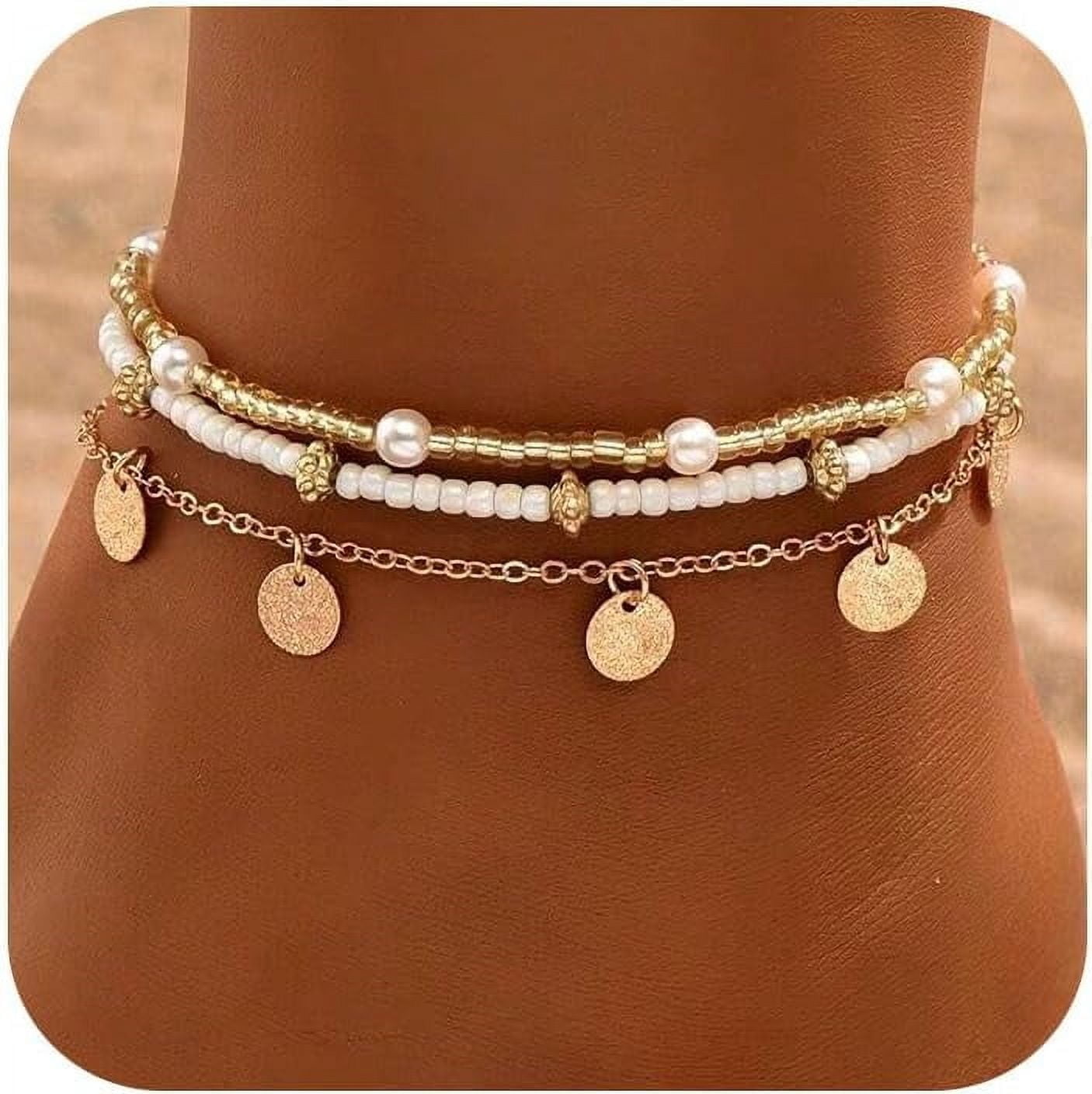 Shell Ankle Bracelet Set for Women, 14K Gold Plated Boho Bead Adjustable Anklet, Hawaiian Beach ...