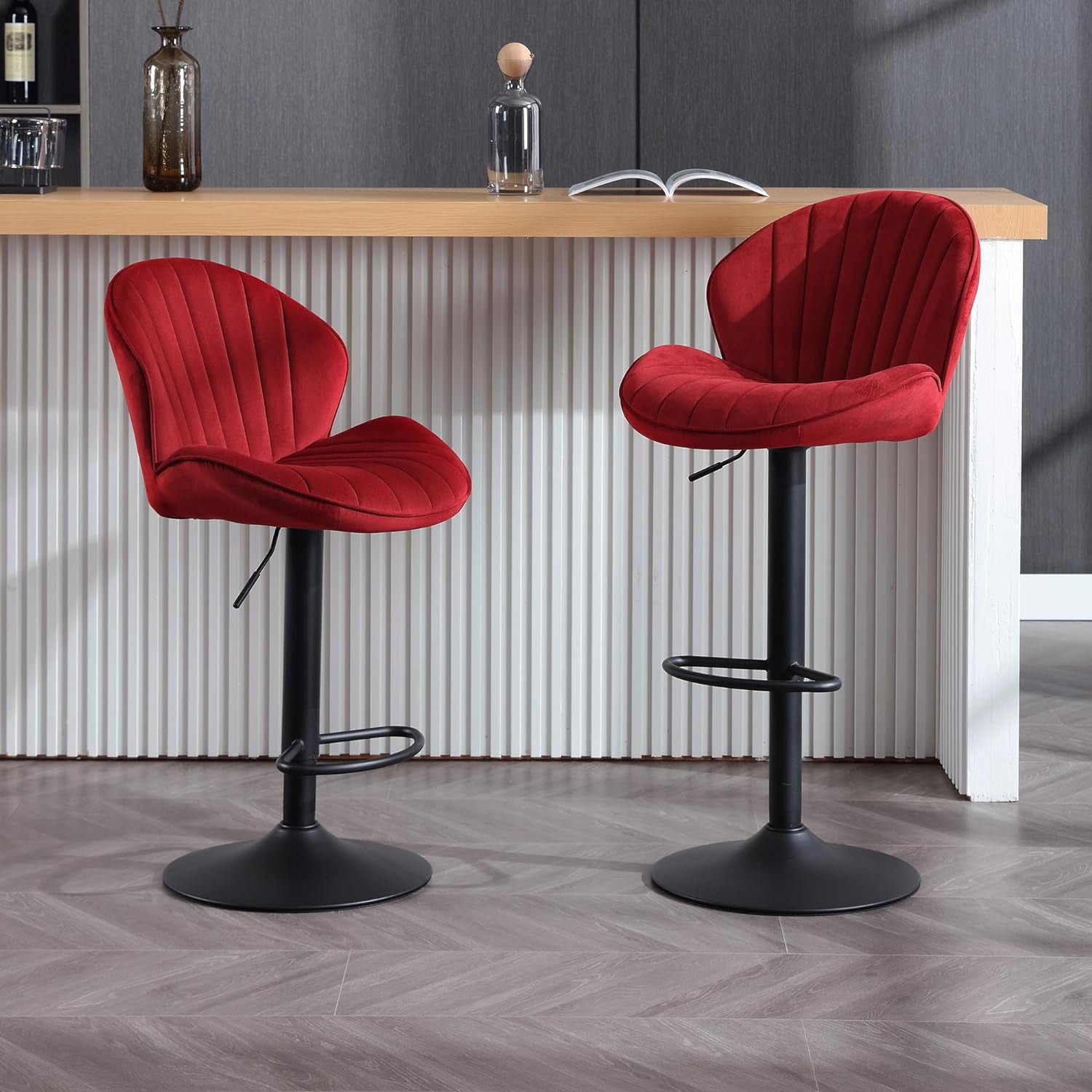 Shell Barstools Set of 2 Black Chassis Adjustable Swivel Bar Stool Velvet Mid Back Bar Chair ...