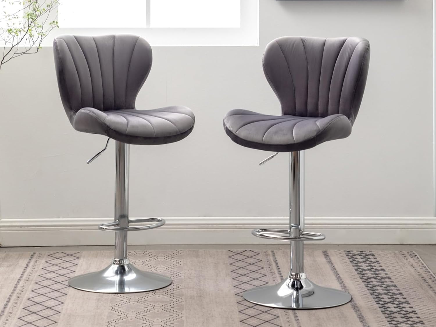 Shell Barstools Set of 2 Black Chassis Adjustable Swivel Bar Stool Velvet Mid Back Bar Chair ...
