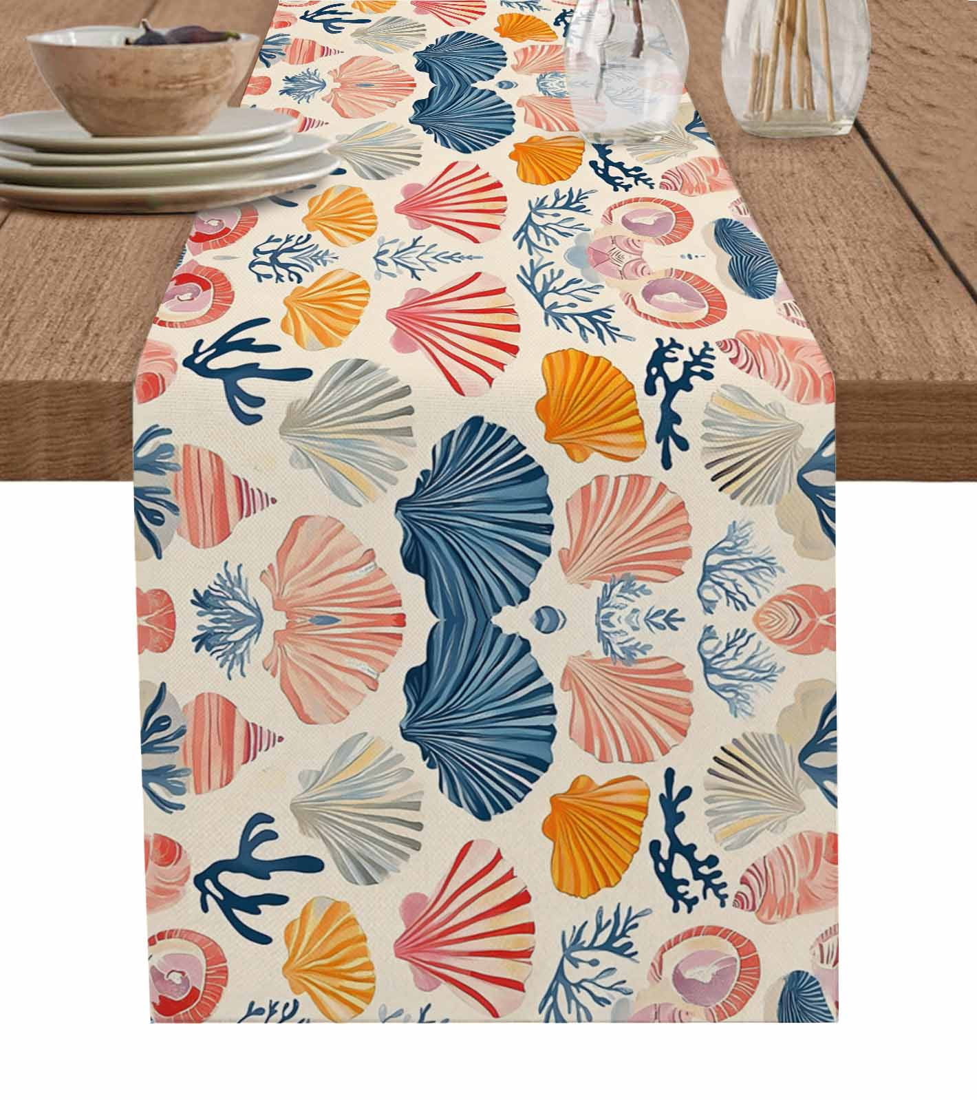 Shell Coastal Burlap Cotton Table Runner 14x72 Inches Long, Summer ...
