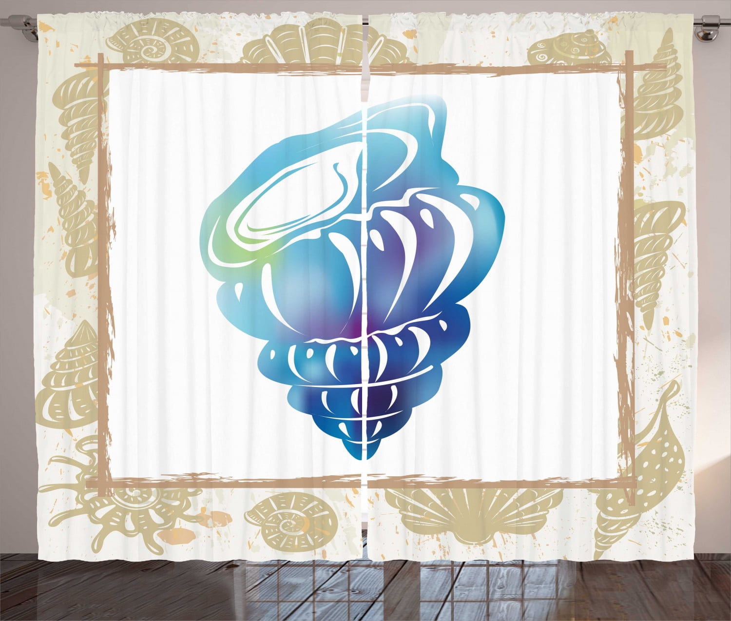 Shell Curtains 2 Panels Set, Aquatic Stylized Cockleshell Coastal Fauna ...