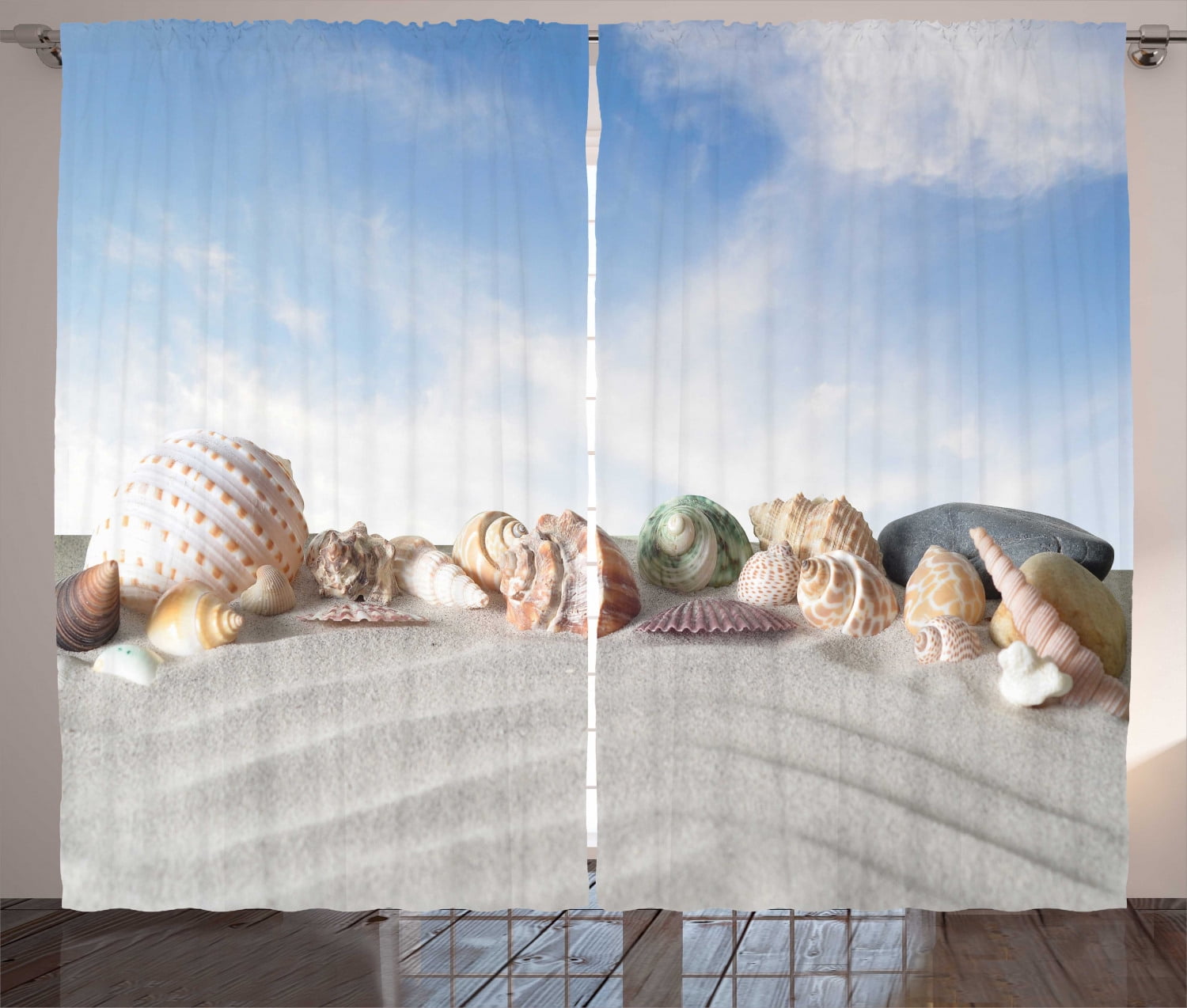 Ambesonne Shell Curtains 2 Panel Set, Seashells on Sand Hill Sky, 108 ...