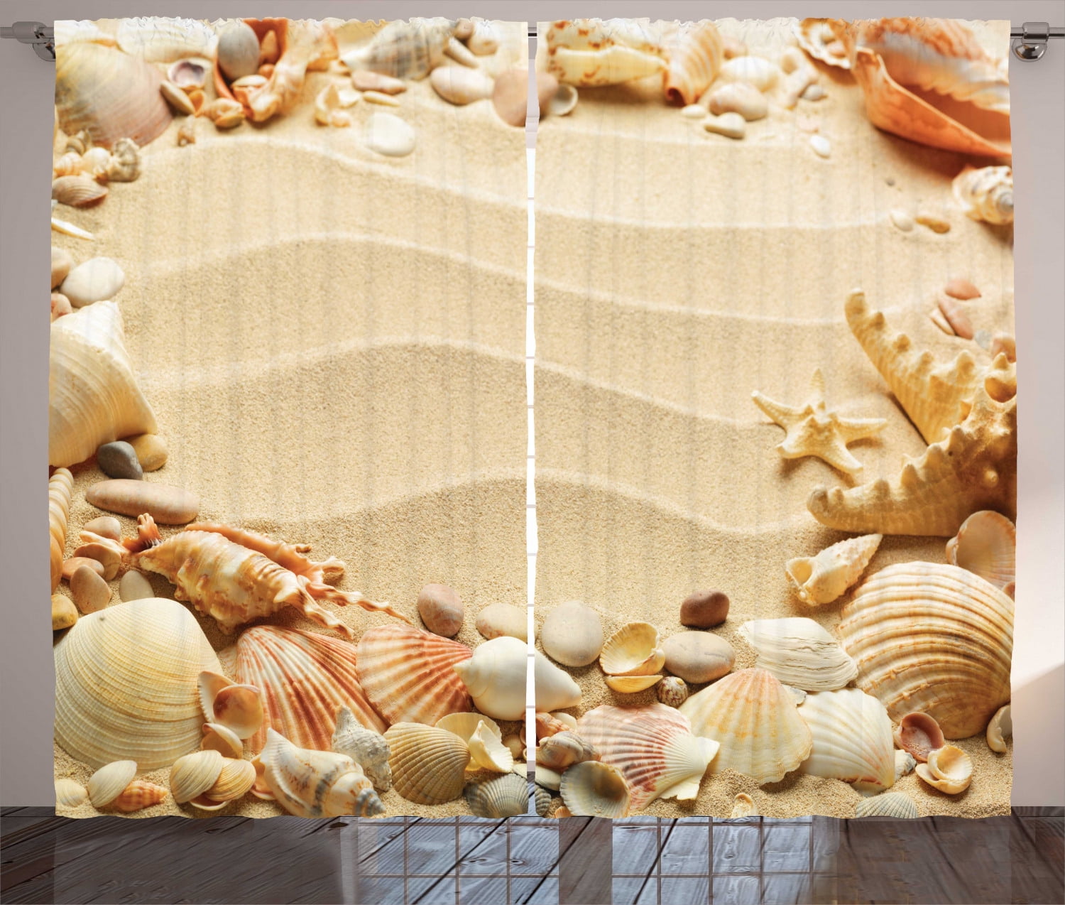Ambesonne Shell Curtains 2 Panel Set, Blurry Ocean Seashells Sandy, 108 ...