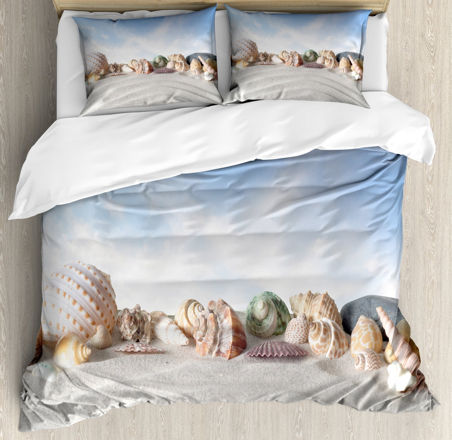 Shell Duvet Cover Set Queen Size, Fragile Seashells on Sand Hill with ...