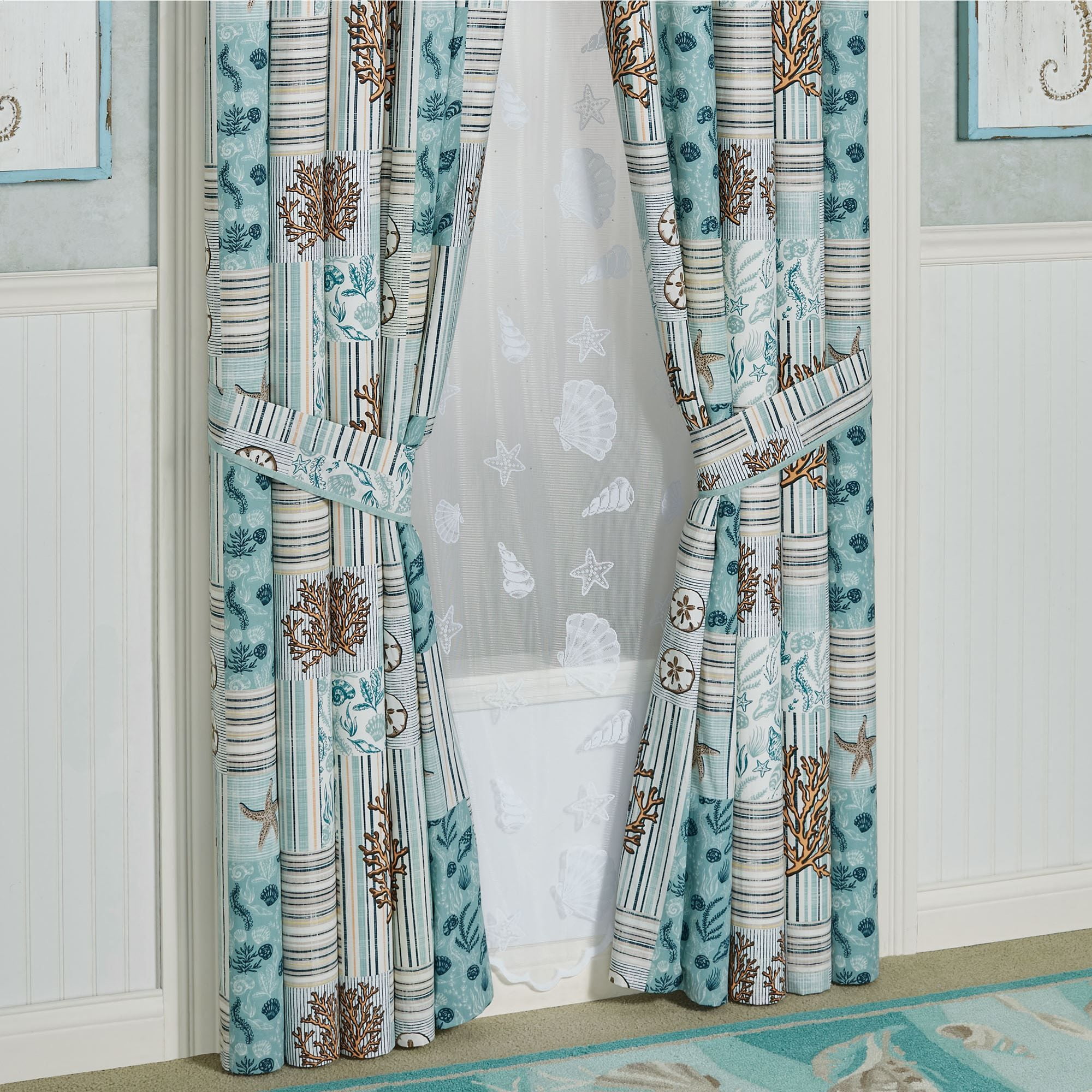 Shell Harbor Coastal Aqua Blue Window Curtain Pair Tailored 84 x 63 ...