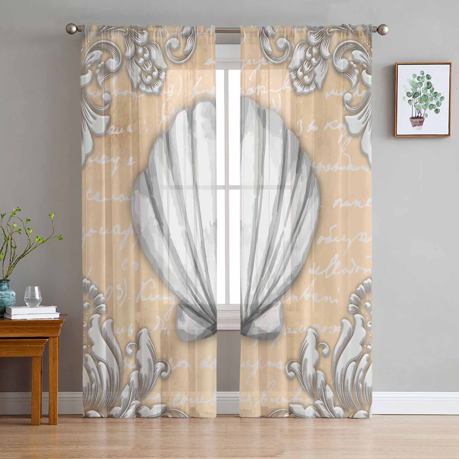 Shell Ocean Pattern Retro Voile Curtains for Bedroom Window Tulle ...
